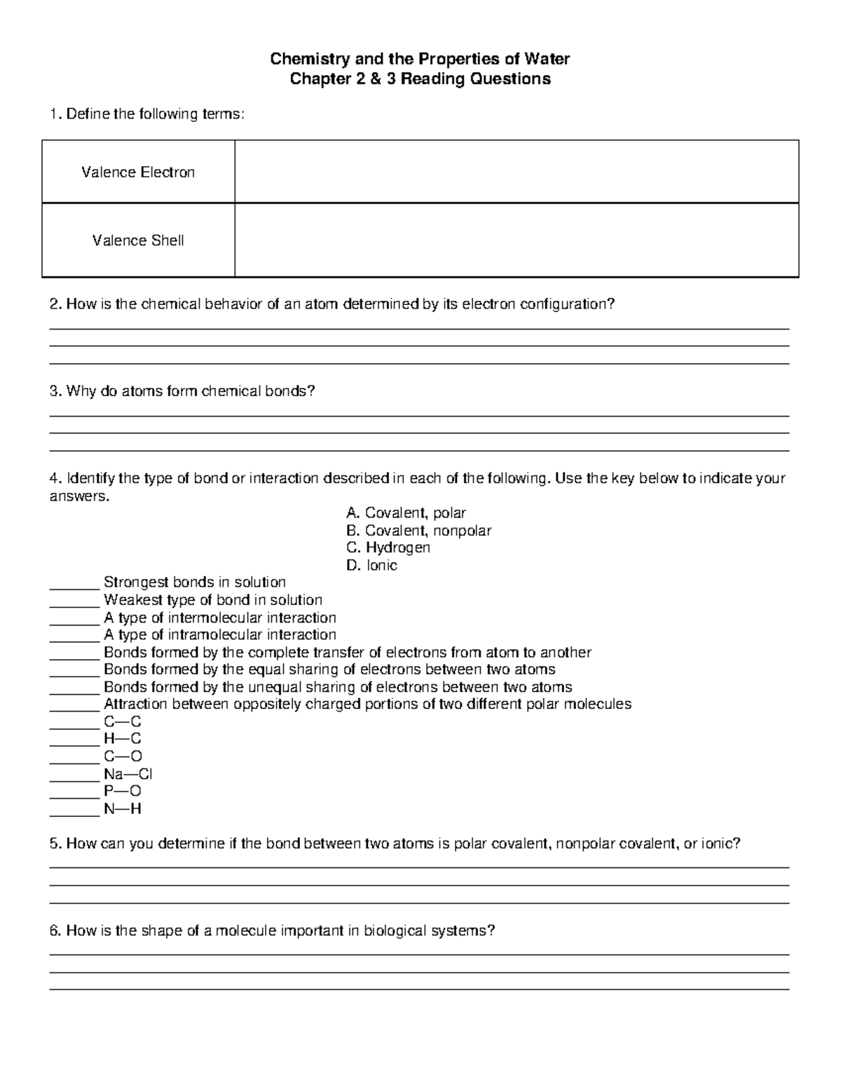 Chapter 2-3 Reading Questions - Chemistry and the Properties of Water ...