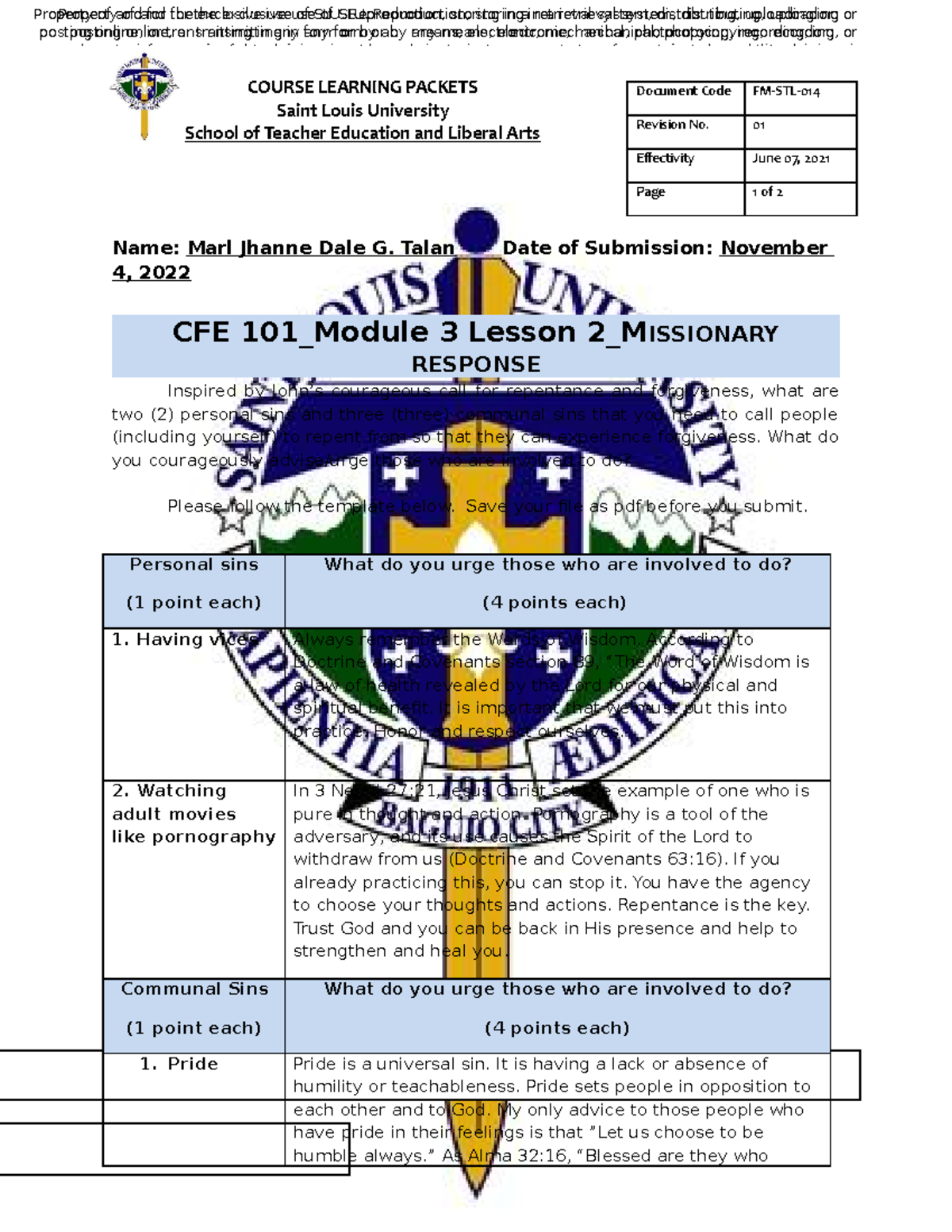 CFE 101 Module 3, Lesson 2 Missionary Response - COURSE LEARNING ...