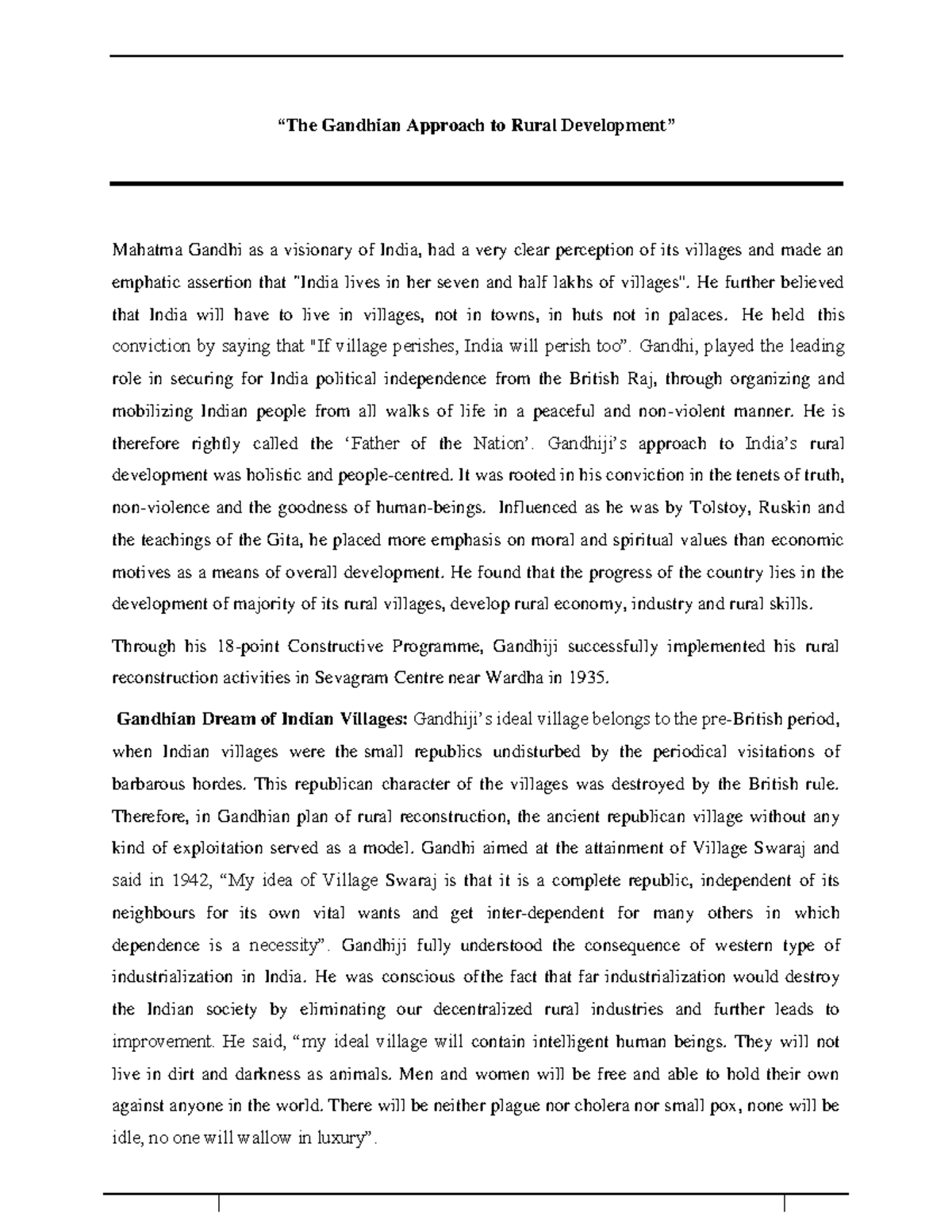 Rural Development Unit 5 - “The Gandhian Approach to Rural Development ...