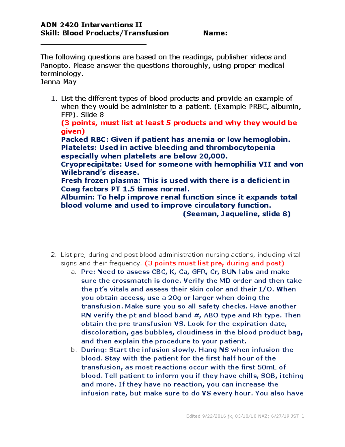 WS8 Blood Transfusion Skill Worksheet 102221 - Skill: Blood Products ...
