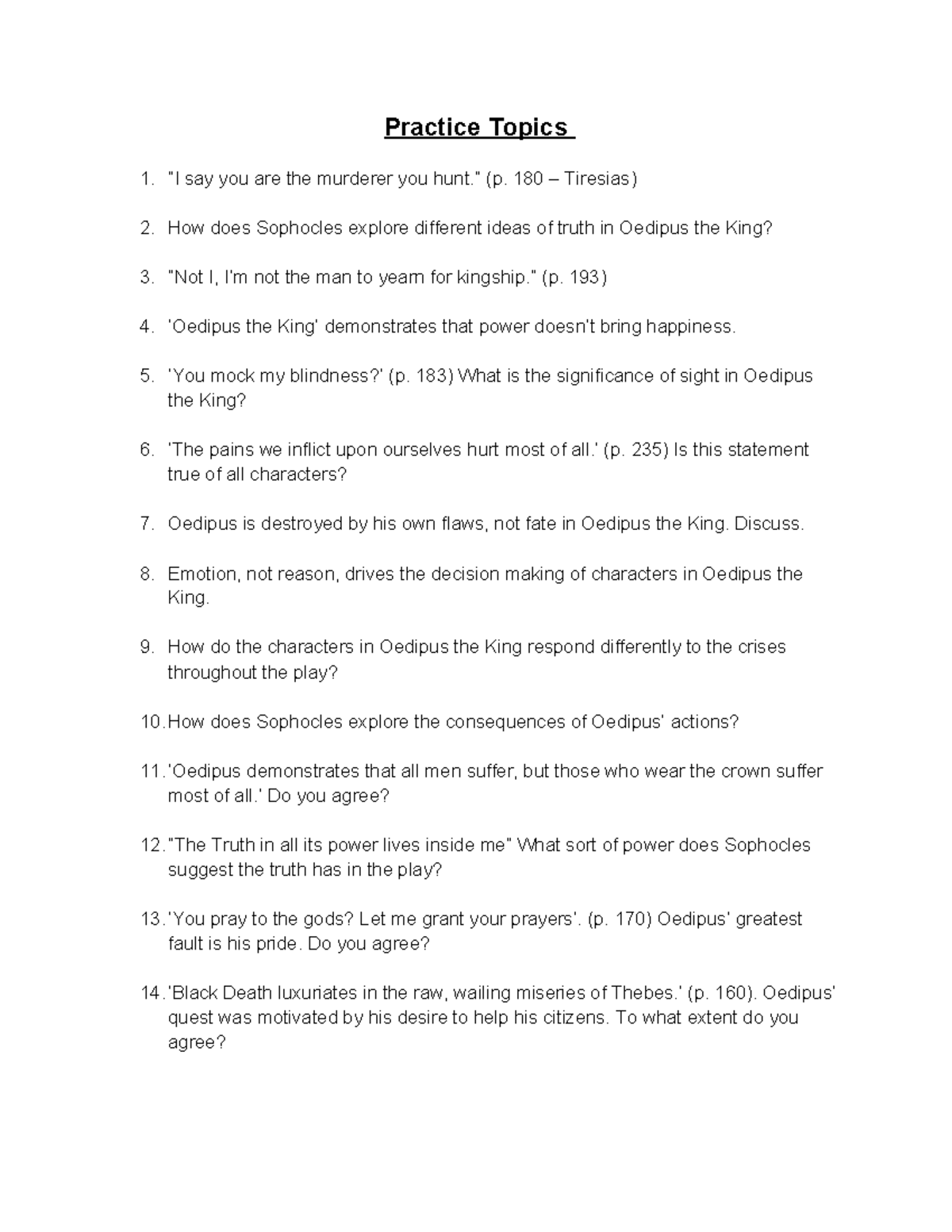 VCE English Oedipus the King Practice Essay Topics - Practice Topics 1 ...