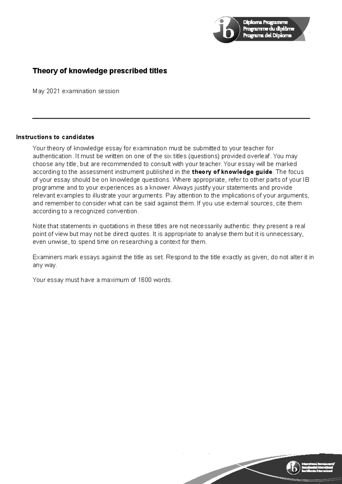 Prescrible titles may2021 - TOK - Theory of knowledge prescribed titles ...