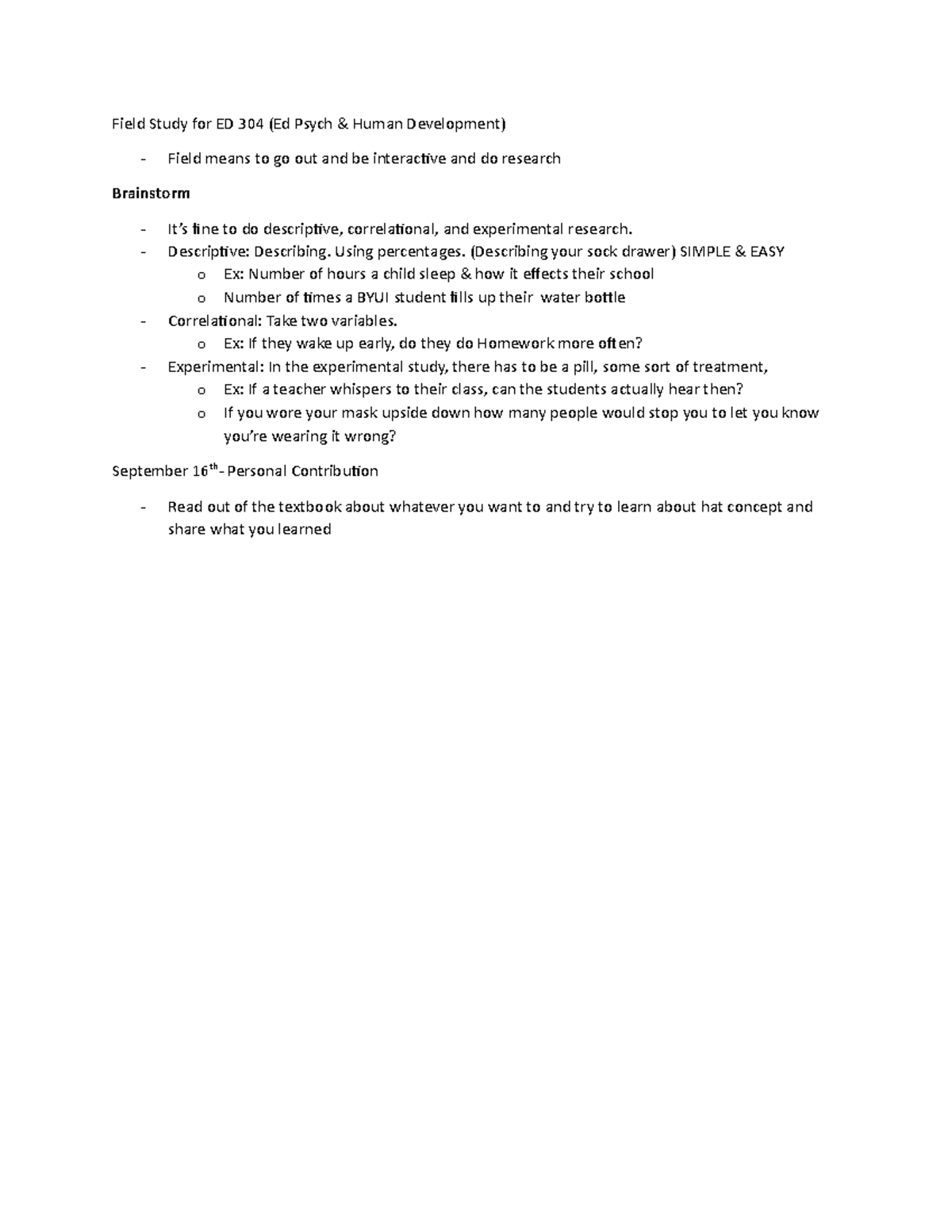 Field Study Notes for ED 304. Sep 14th - Field Study for ED 304 (Ed ...