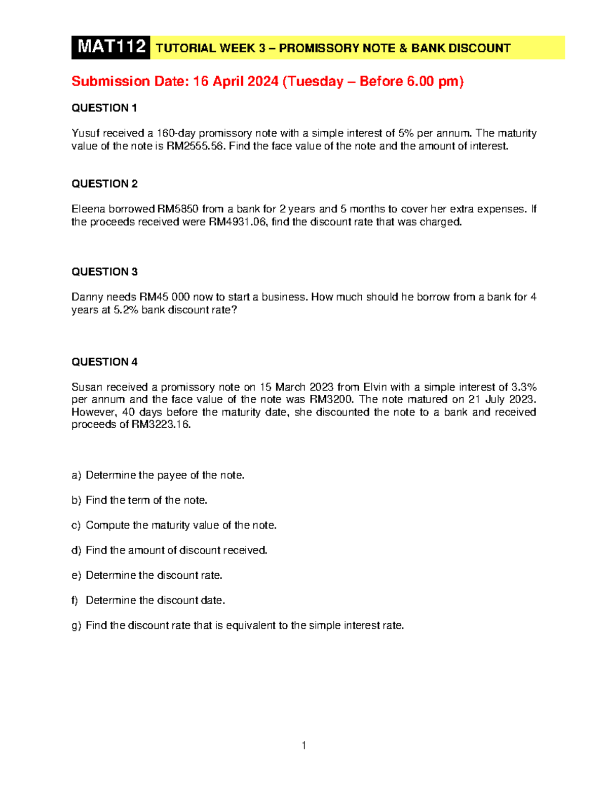 MAT112 Tutorial Week 3 - Promissory Note & Bank Discount - MAT112 TUTORIAL WEEK 3 – PROMISSORY ...