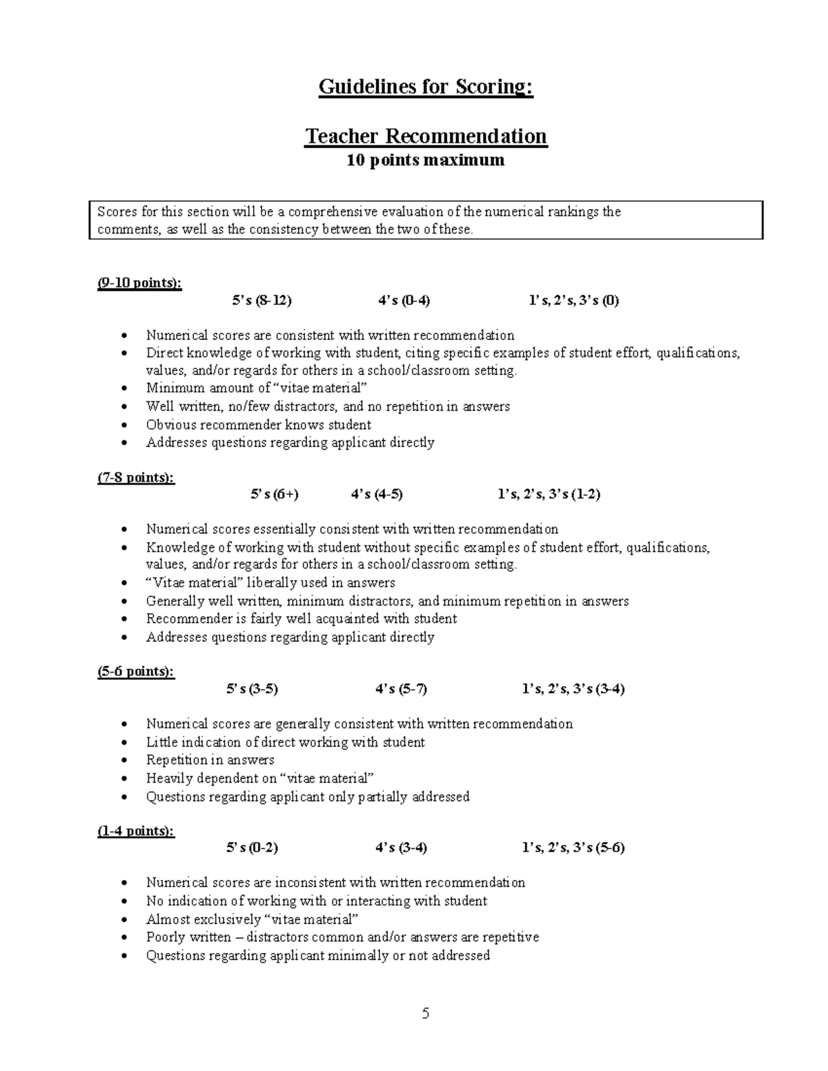 Teacher Recommendation Guidelines for Scoring 2024 - 5 Guidelines for ...