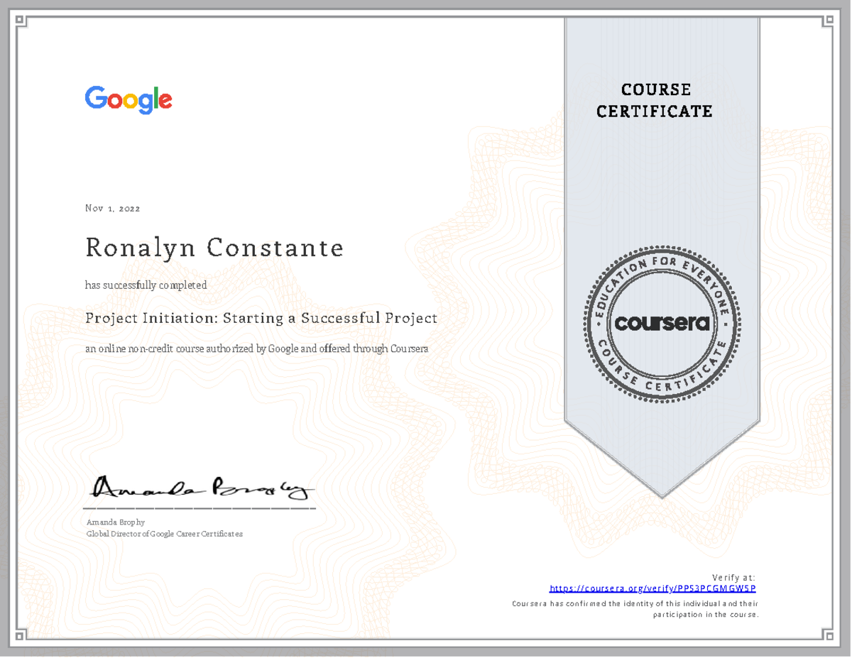 Coursera Project Course 2 - Project Management - No v 1 , 2 02 2 Ron a ly n C on sta nte Proj ...