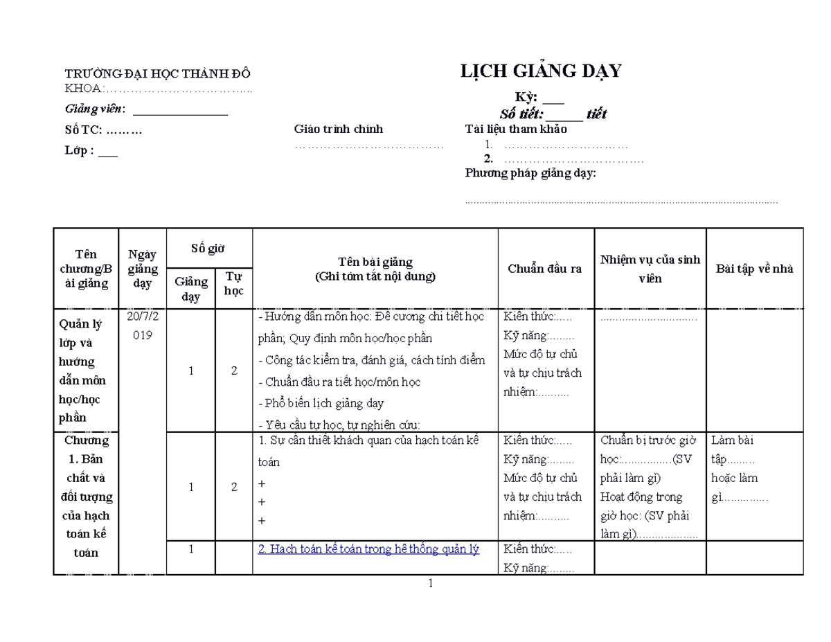 Lịch giảng dạy 2020 - gdfgh - TRƯỜNG ĐẠI HỌC THÀNH ĐÔ KHOA