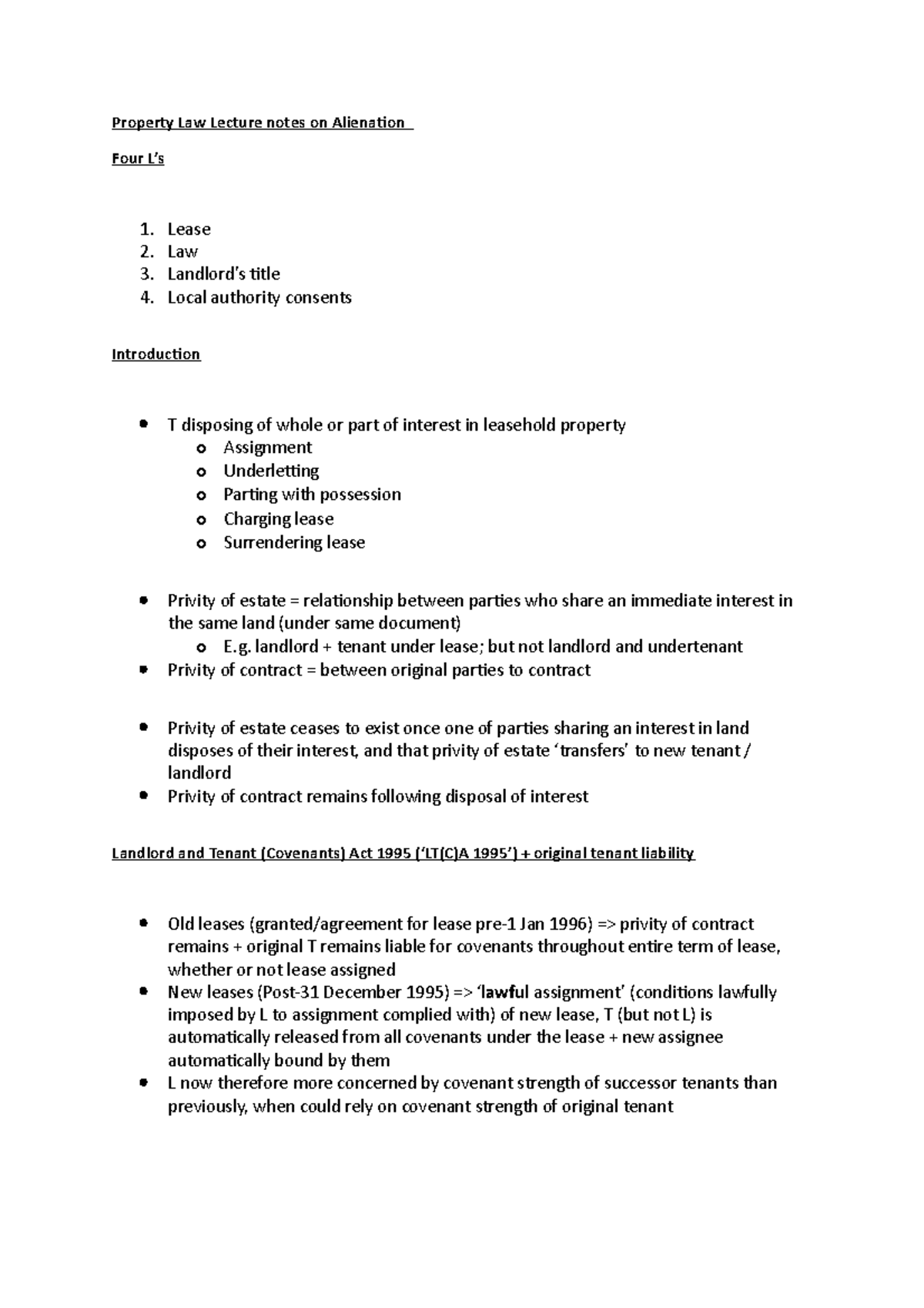 Property Law Lecture notes on Alienation - landlord + tenant under ...