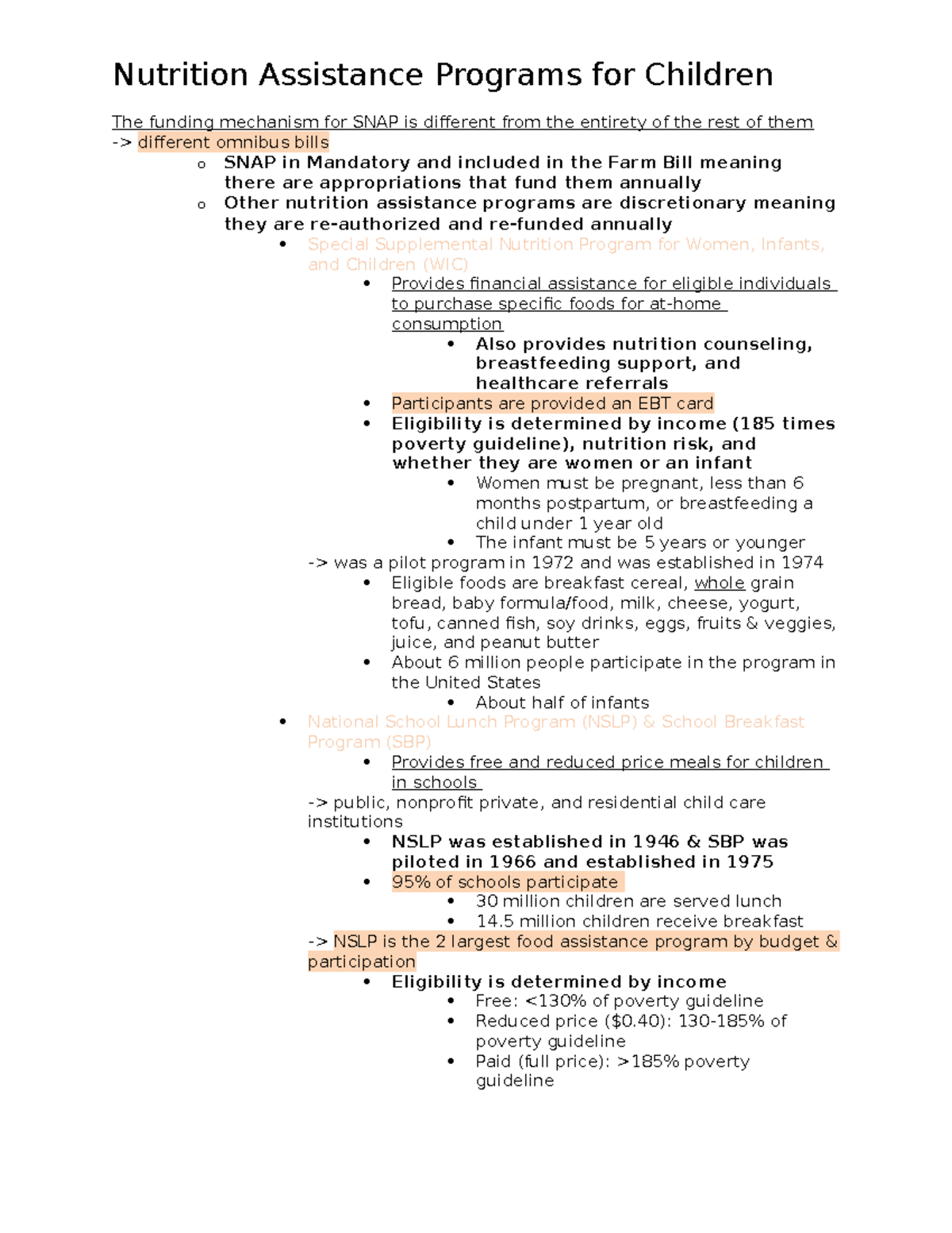 Nutrition Assistance Programs for Children Notes - Nutrition Assistance ...