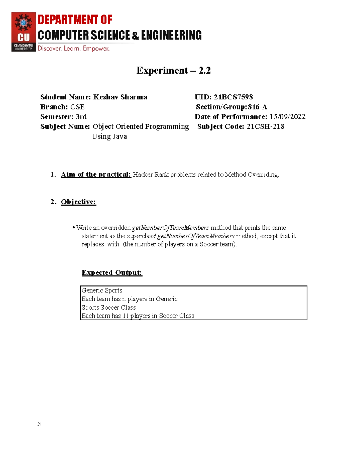 JAVA-2 - DEPARTMENT OF COMPUTER SCIENCE & ENGINEERING N Experiment – 2. Student Name: Keshav ...