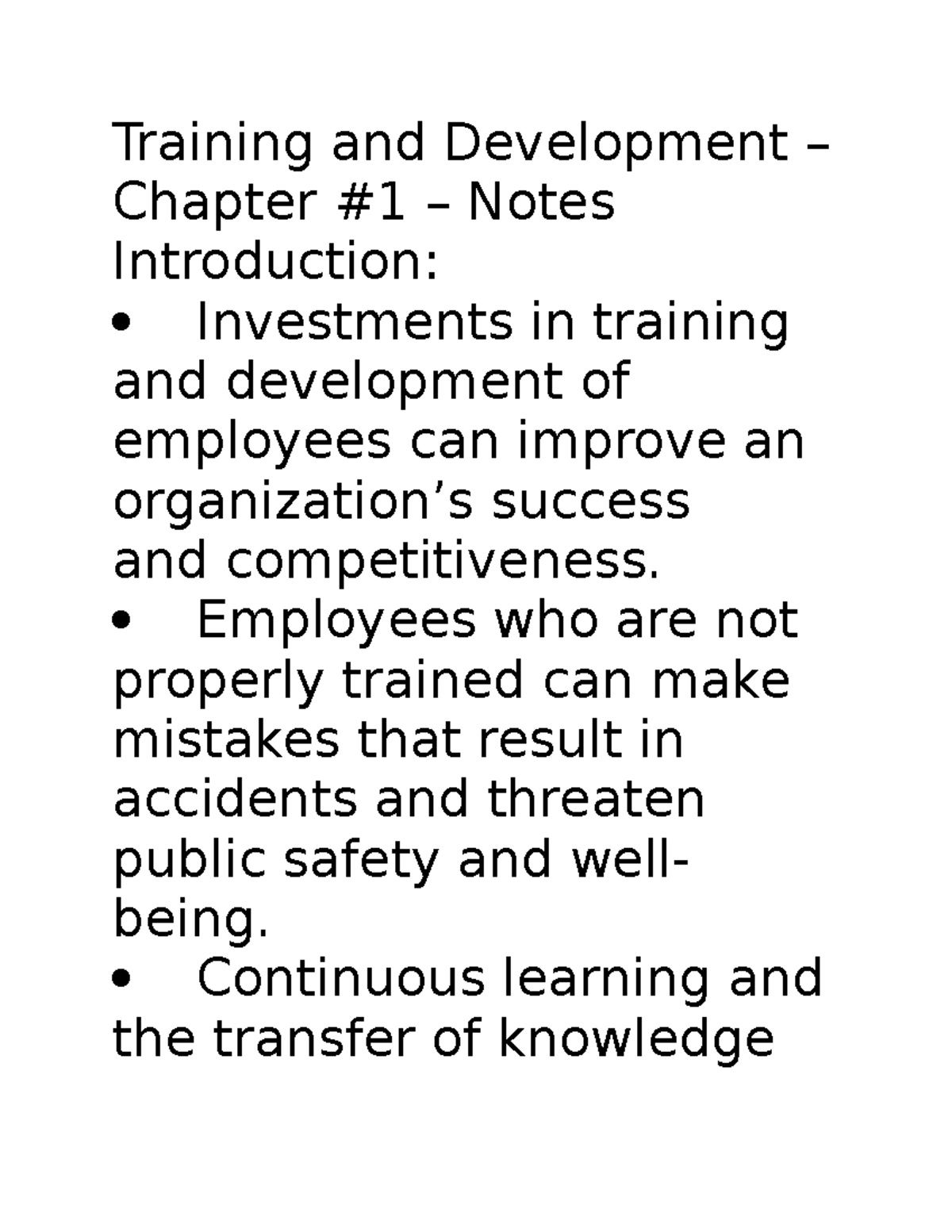 Training and Development notes - Training and Development – Chapter #1 ...
