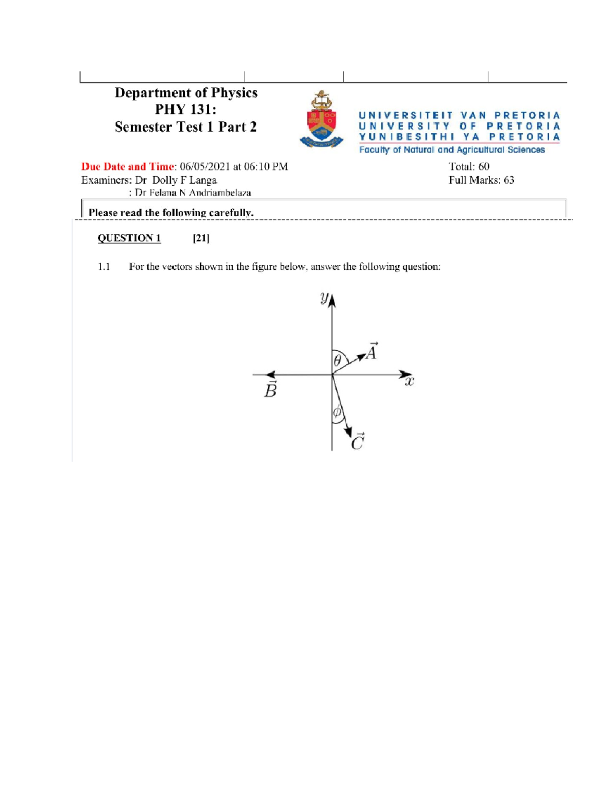 Semester test 1 may 2021 - Department of Physics PHY 131: UNIVERSITEIT ...