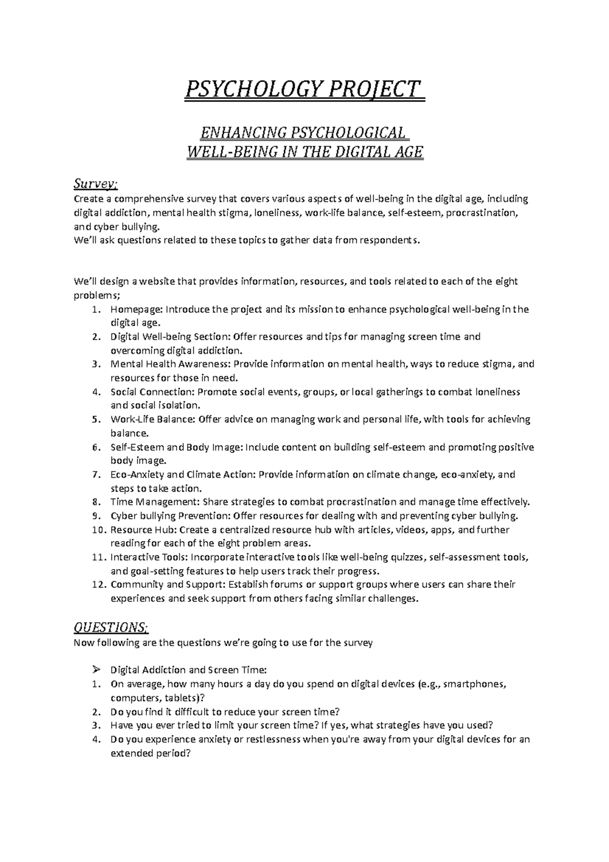 Psychology Project - PSYCHOLOGY PROJECT ENHANCING PSYCHOLOGICAL WELL ...