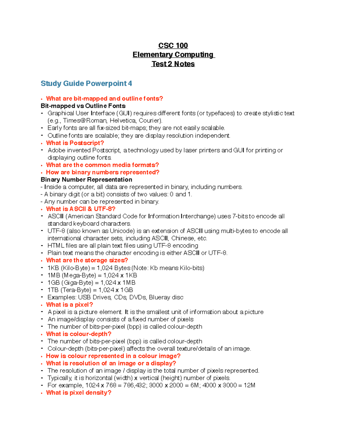 CSC Test 2 Notes - study guide for all material up to test 2 - CSC 100 ...