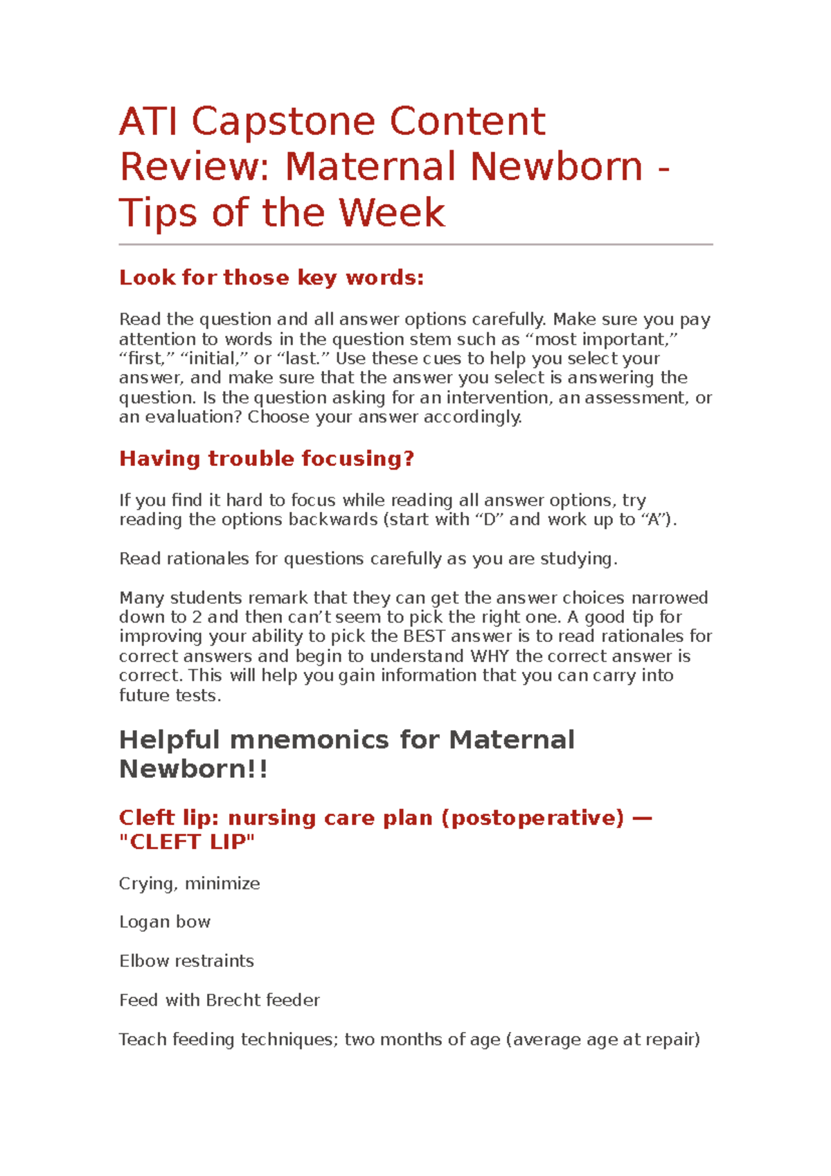 ATI Capstone Content Review- OB weekly tips - ATI Capstone Content ...