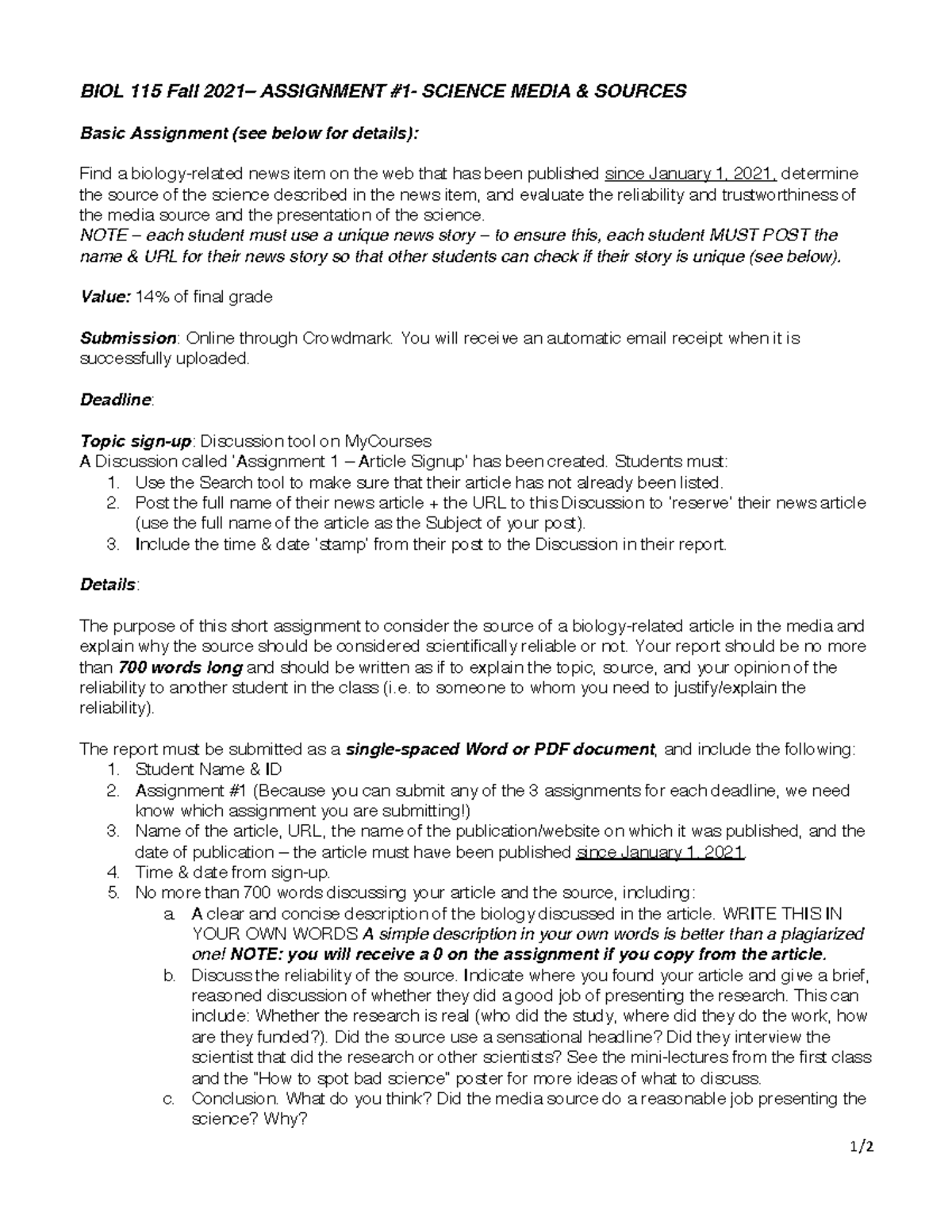 Assignment number 1 descriptive outline - 1/ BIOL 115 Fall 20 21 ...