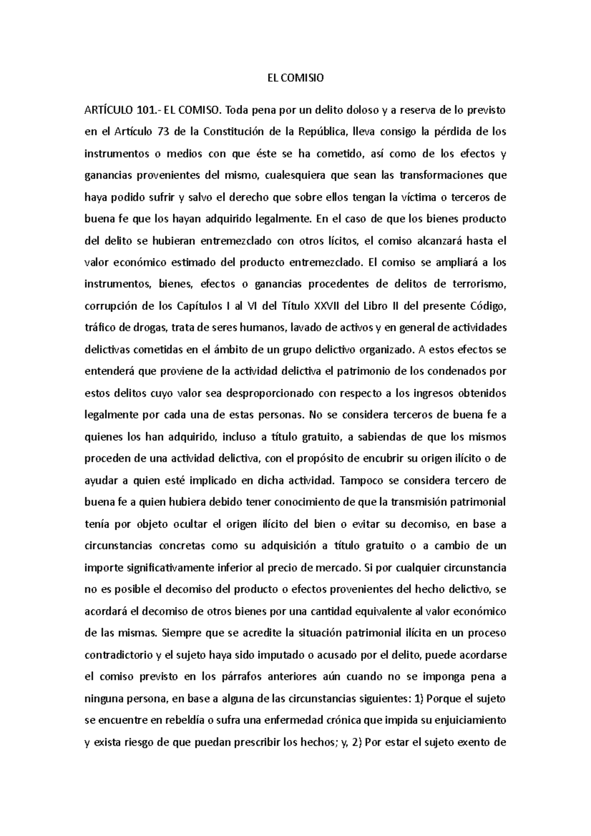 EL Comiso (1) - derecho penal - EL COMISIO ARTÍCULO 101.- EL COMISO ...
