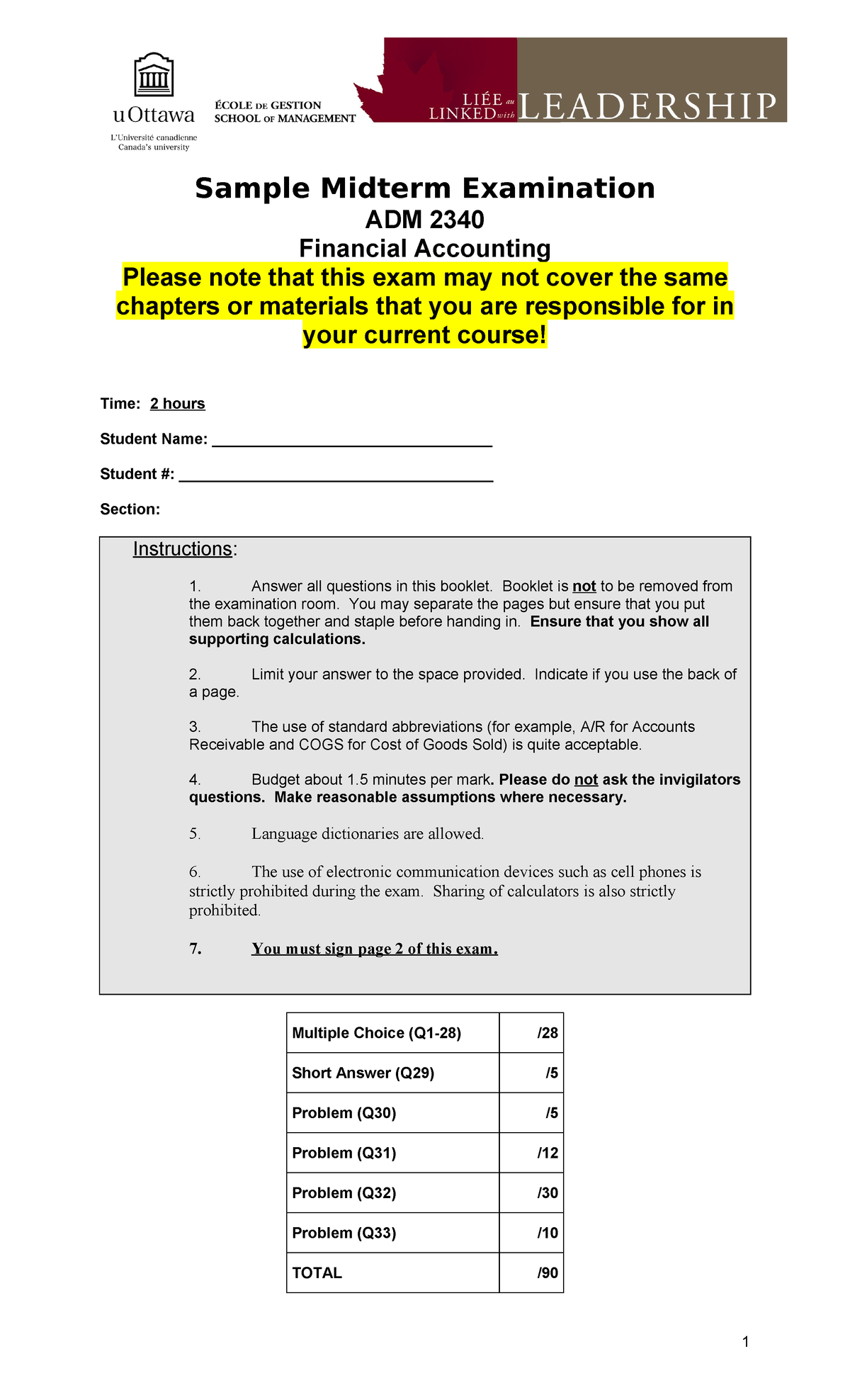 ADM1340 Midterm Exam - Sample Midterm Examination ADM 2340 Financial ...