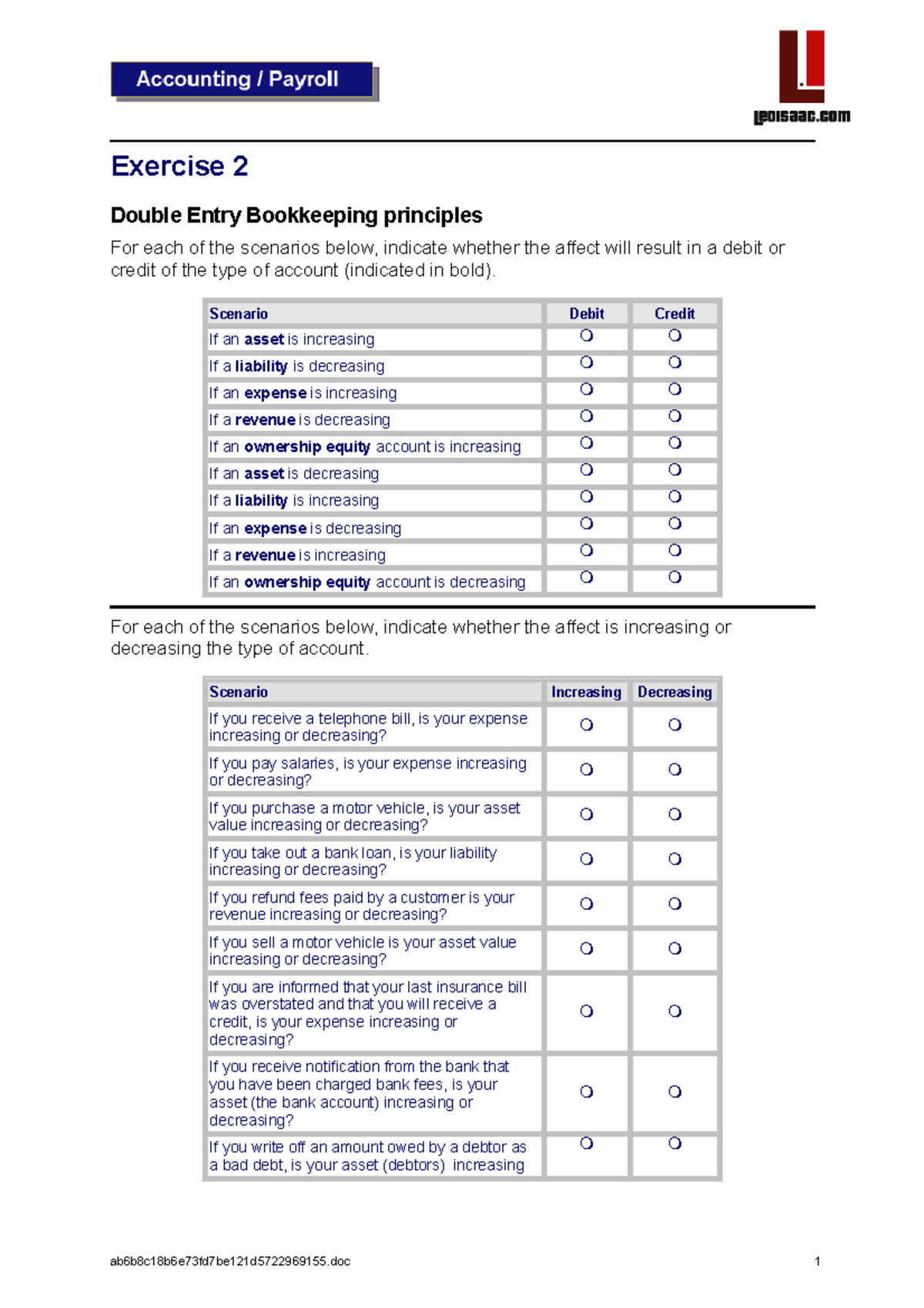 Exercise 02 - Basic accounting - Exercise 2 Double Entry Bookkeeping ...