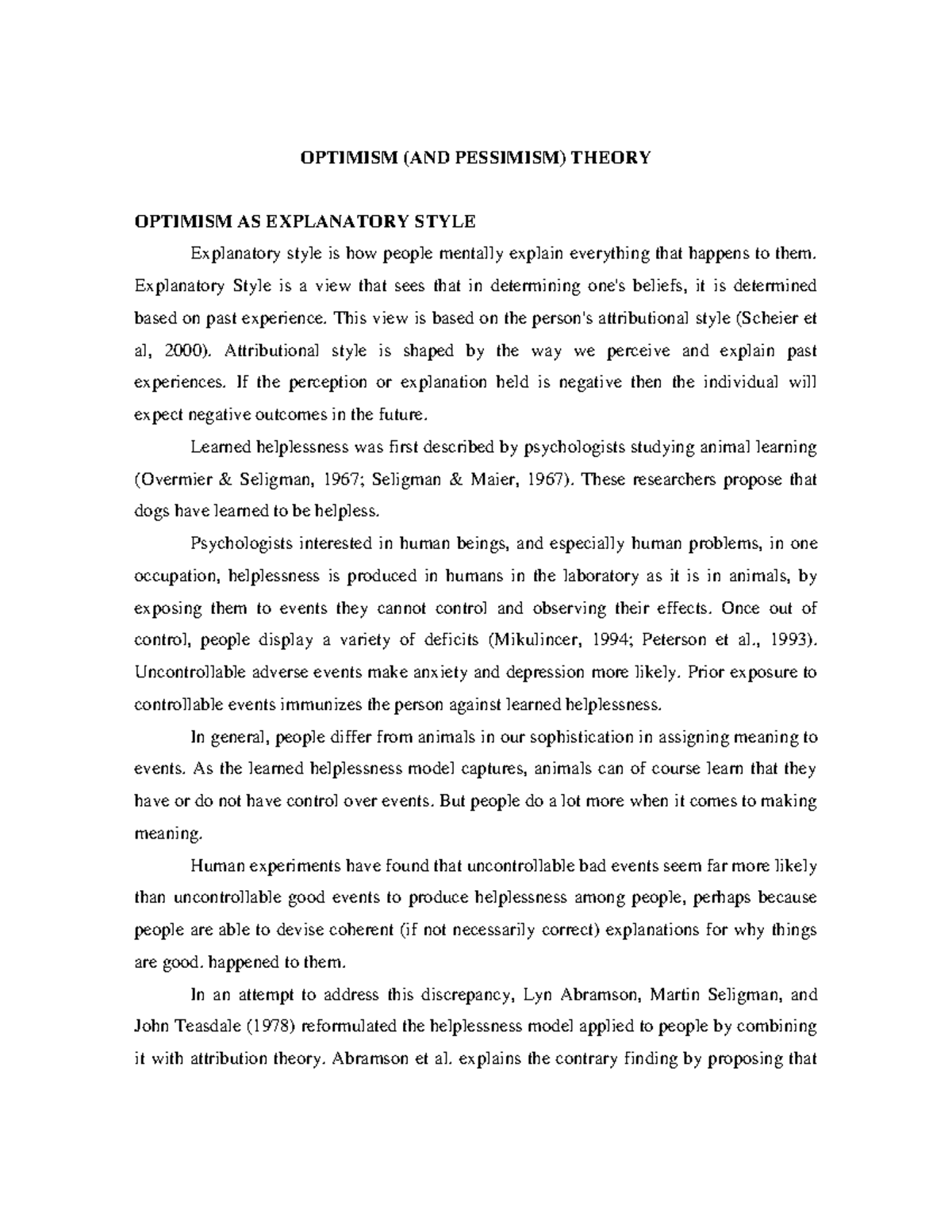 Optimism and Pessimism - OPTIMISM (AND PESSIMISM) THEORY OPTIMISM AS ...