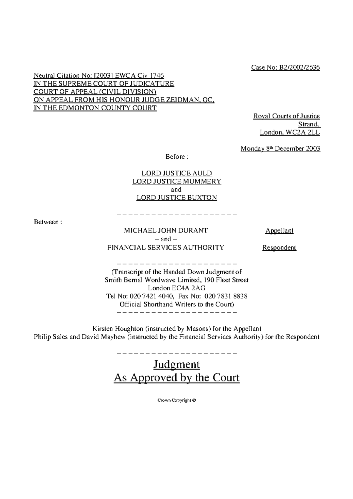 Durant v Financial Services Authority - Case No: B2/2002/ Neutral ...