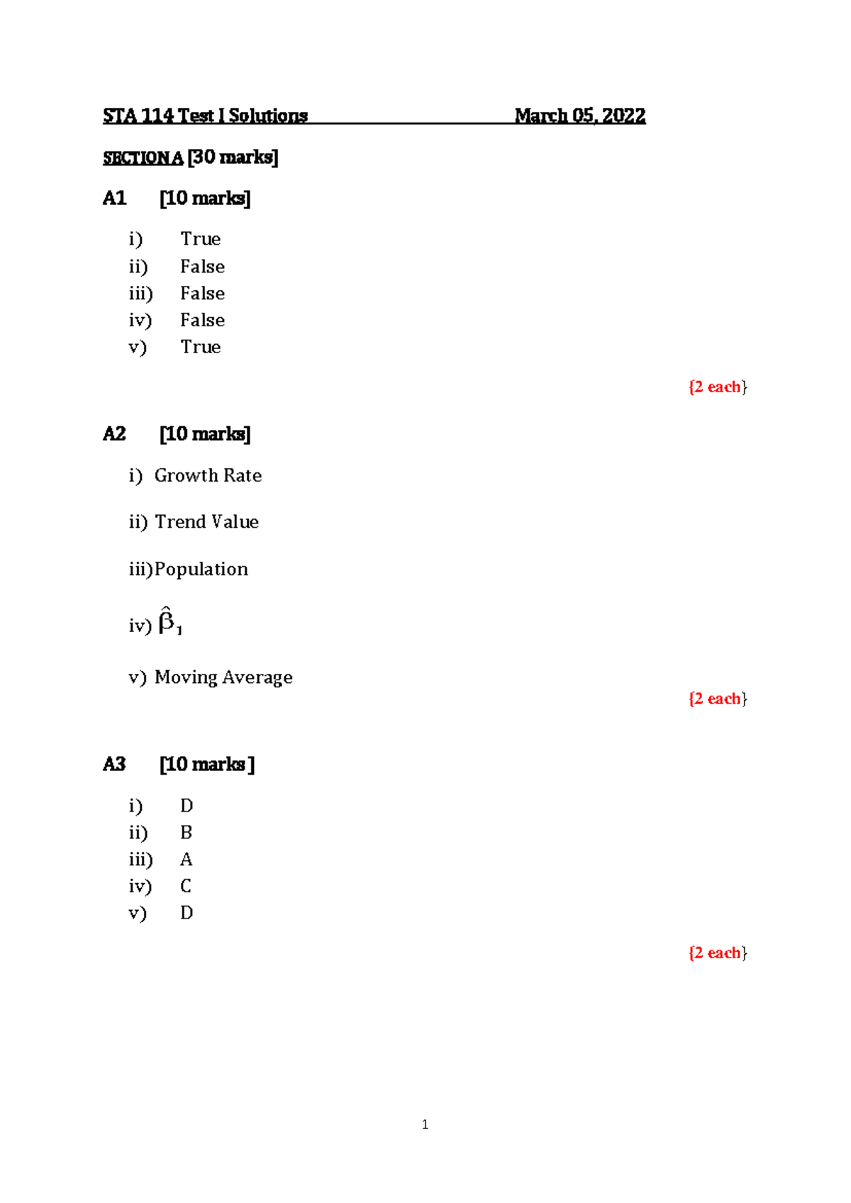 STA 114 Test 1 March 5th 2022 Solutions - STA 114 Test I Solutions ...