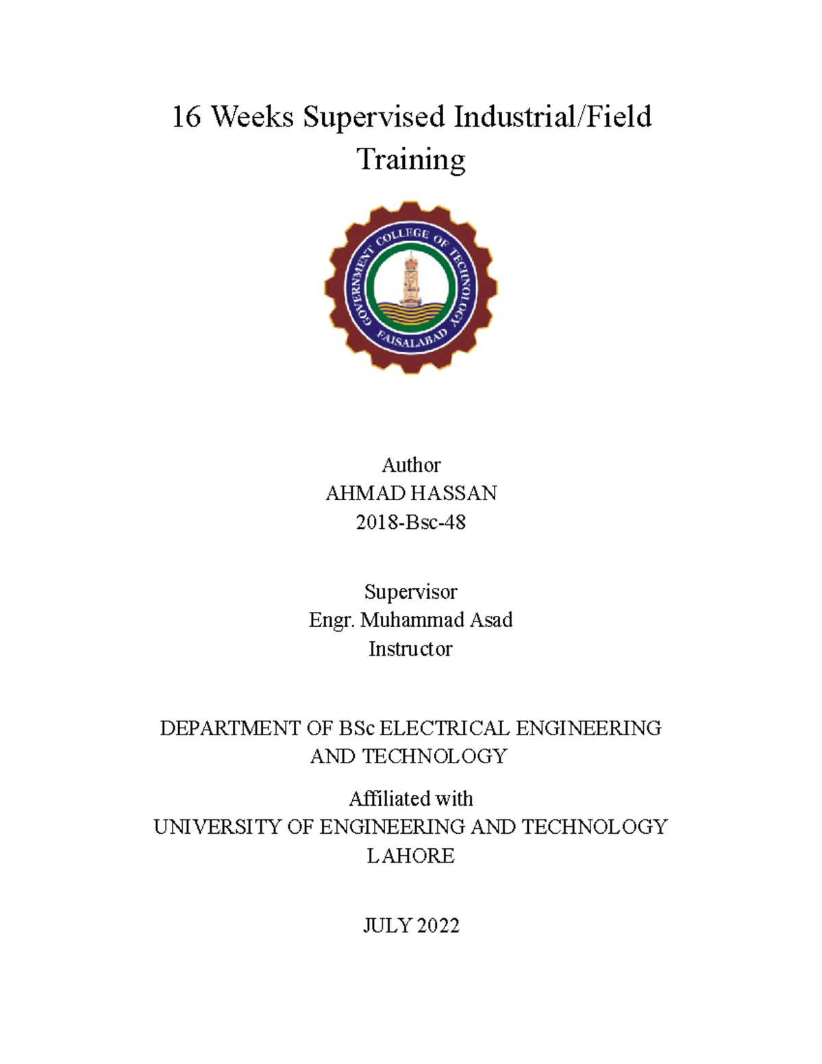 Ahmad Hassan - Electrical Engineering Technology - 16 Weeks Supervised ...
