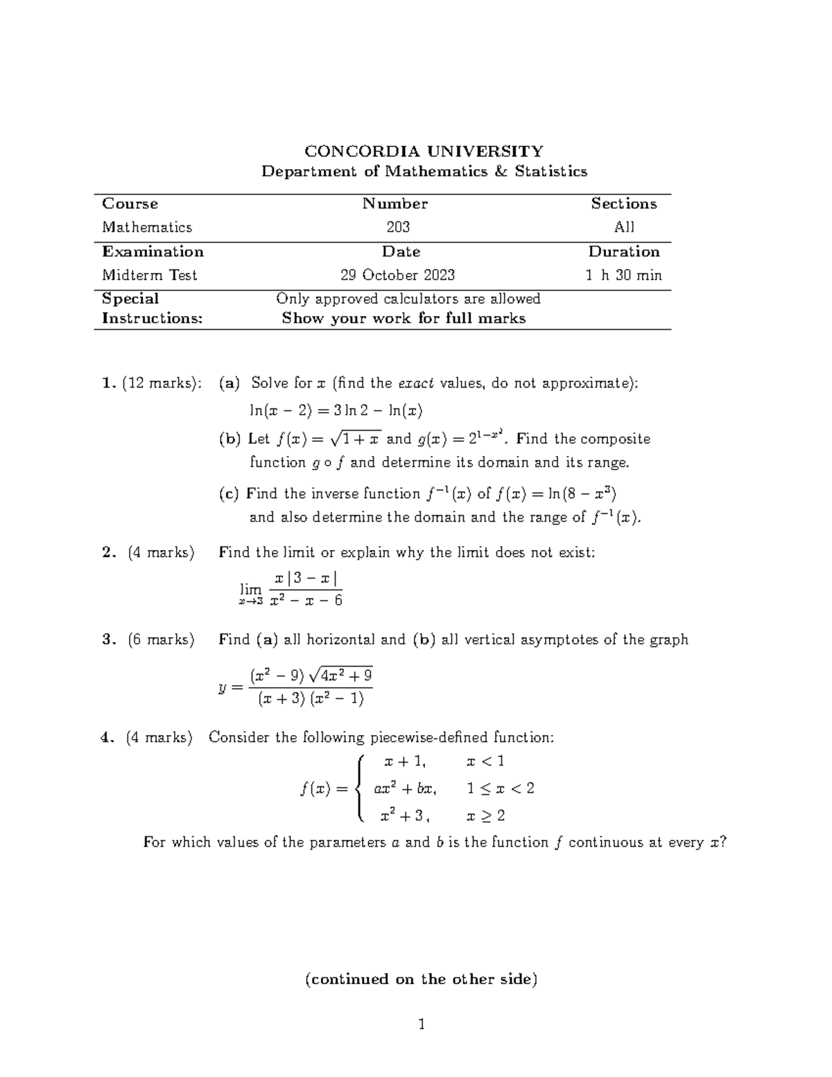 Math203 Midterm Fall 2023 - CONCORDIA UNIVERSITY Department of ...