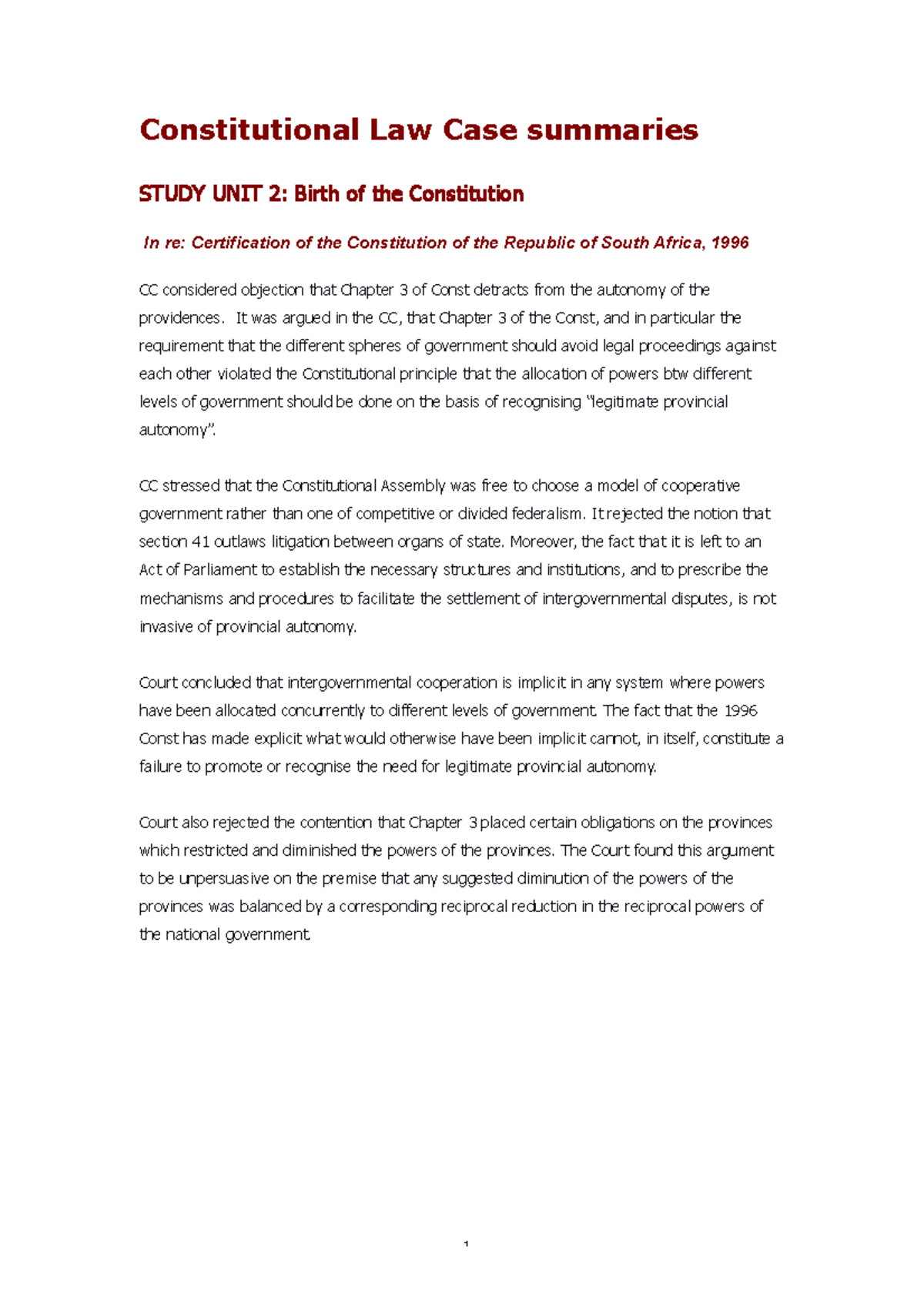CSL2601-case summaries - Constitutional Law Case summaries STUDY UNIT 2 ...
