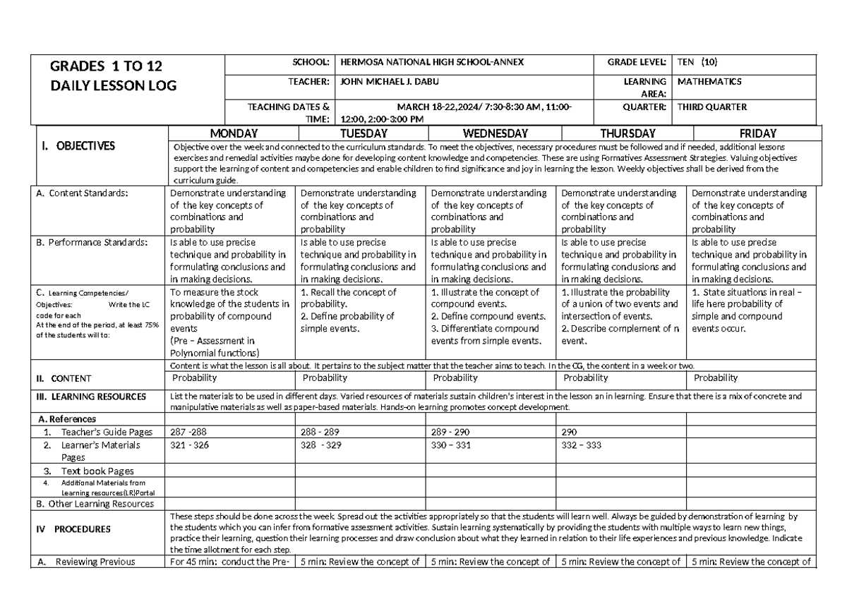 380893549 DLL MATH 10 Q3 1 docx - GRADES 1 TO 12 DAILY LESSON LOG ...