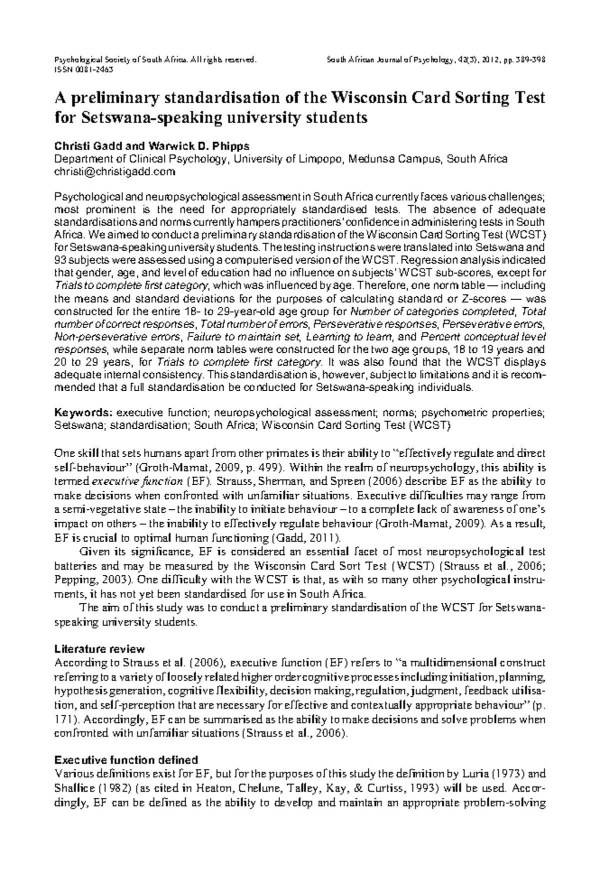WISCONSIN CARD SORTING TEST - Psychological Society of South Africa ...