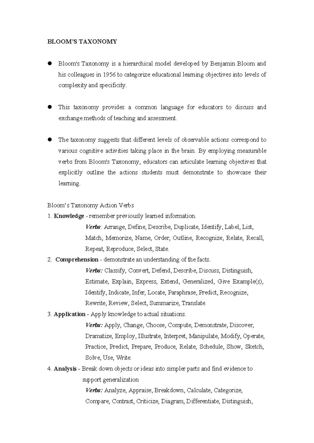Blooms Taxonomy 4A's Types and Parts of the Lesson Plan Rubrics - BLOOM ...