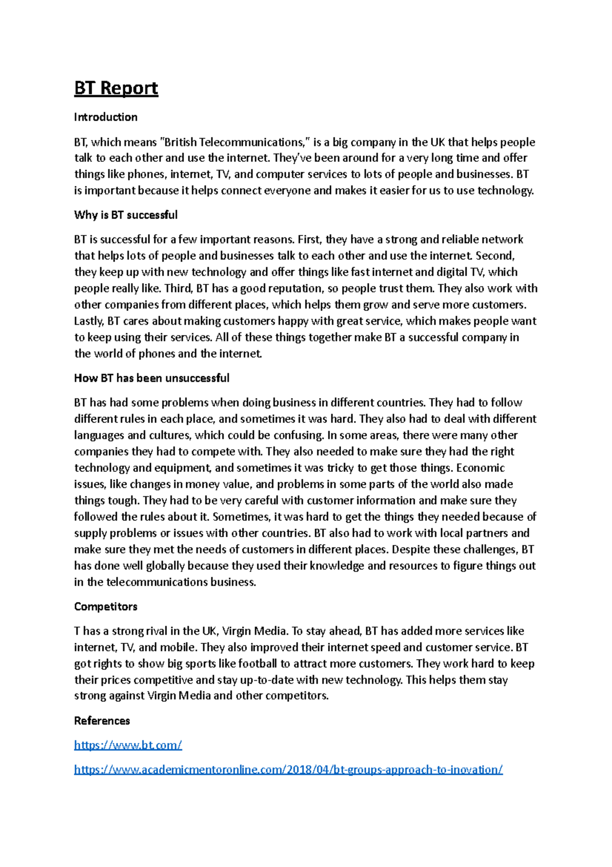 BT Report - work - BT Report Introduction BT, which means "British ...