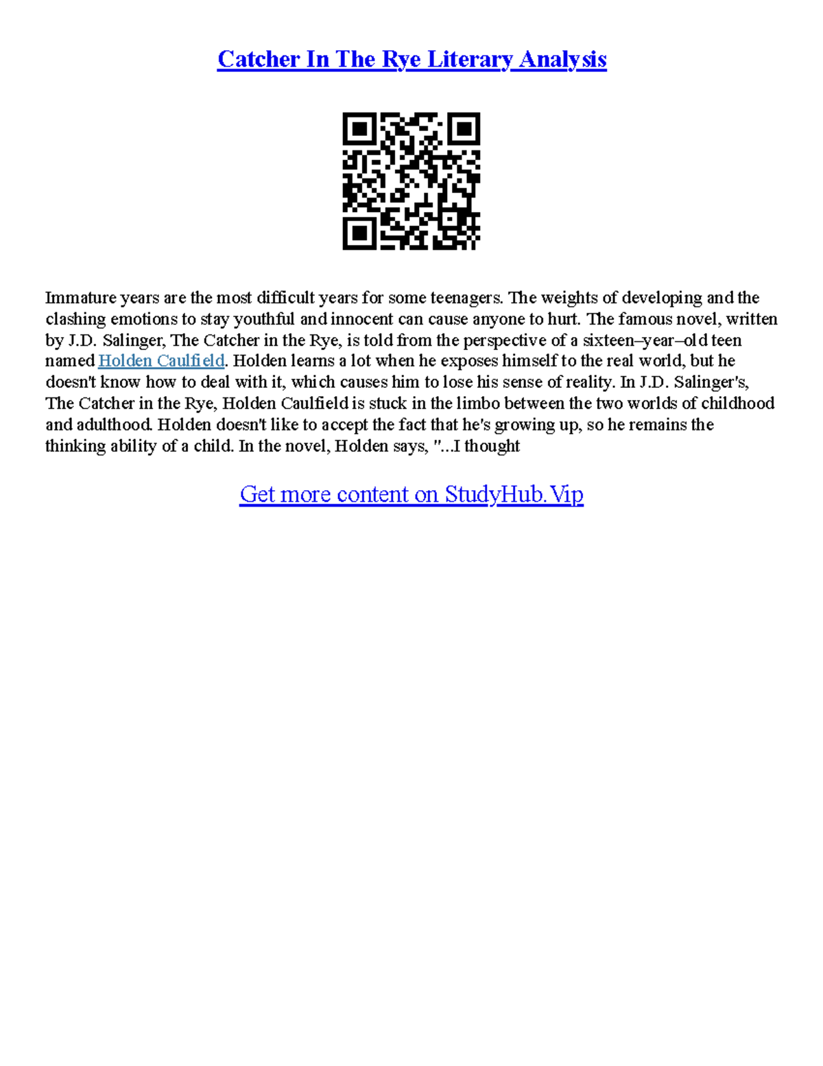Catcher In The Rye Literary Analysis Essay - Catcher In The Rye ...