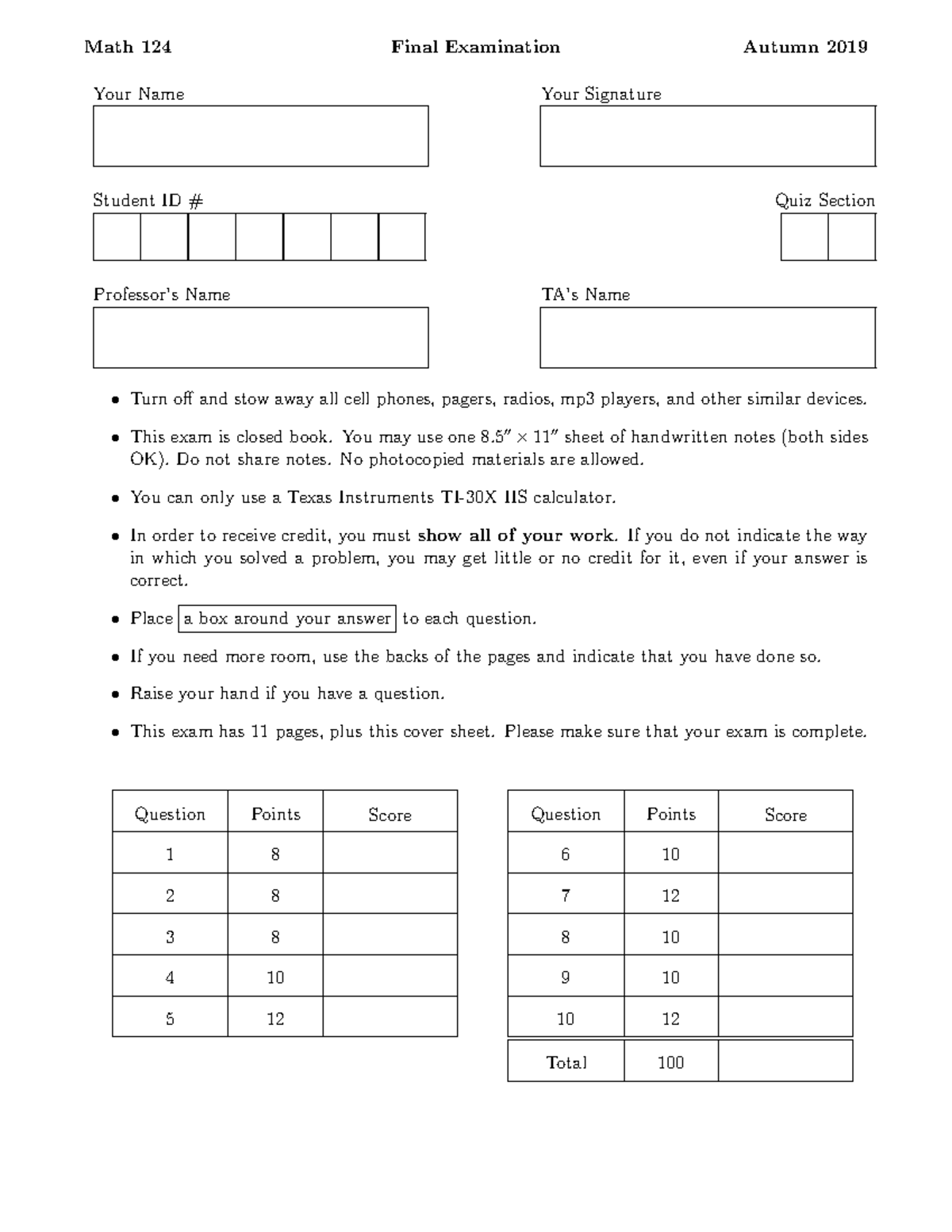 124final - final practicepractice math 114 - Math 124 Final Examination ...