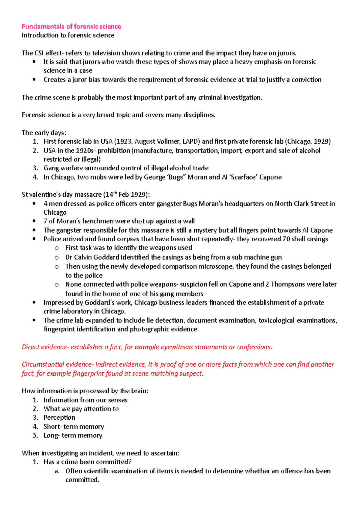 W1 introduction of forensic science notes - Fundamentals of forensic ...
