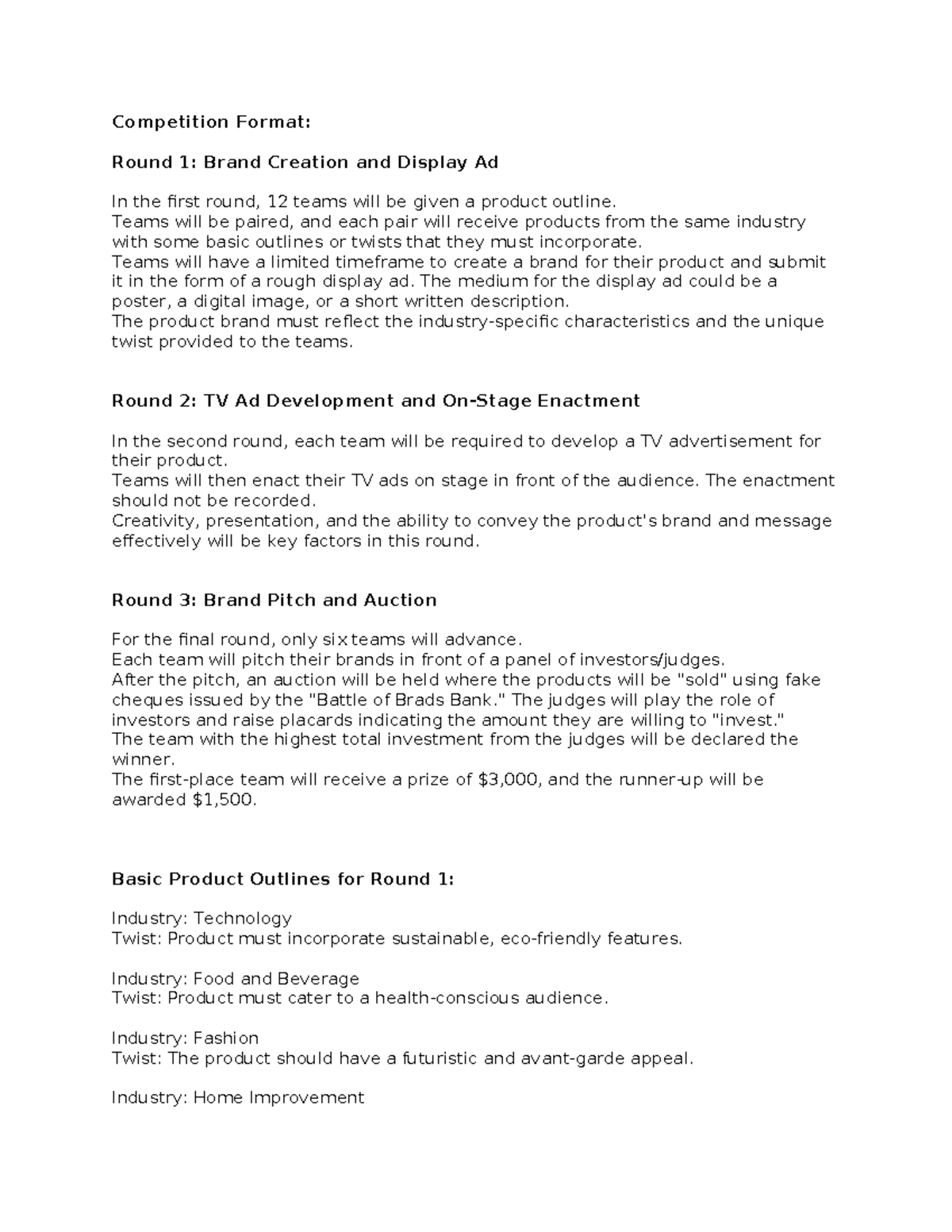 Competition Format - Competition Format: Round 1: Brand Creation and ...