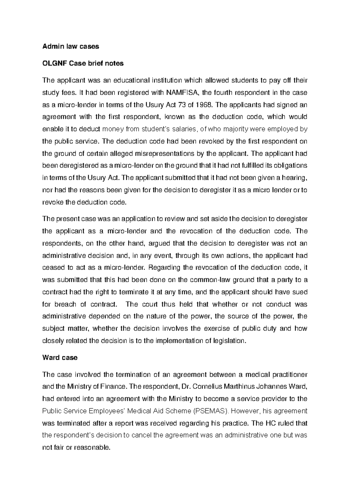 Admin cases for moot 2 - Admin law cases OLGNF Case brief notes The ...