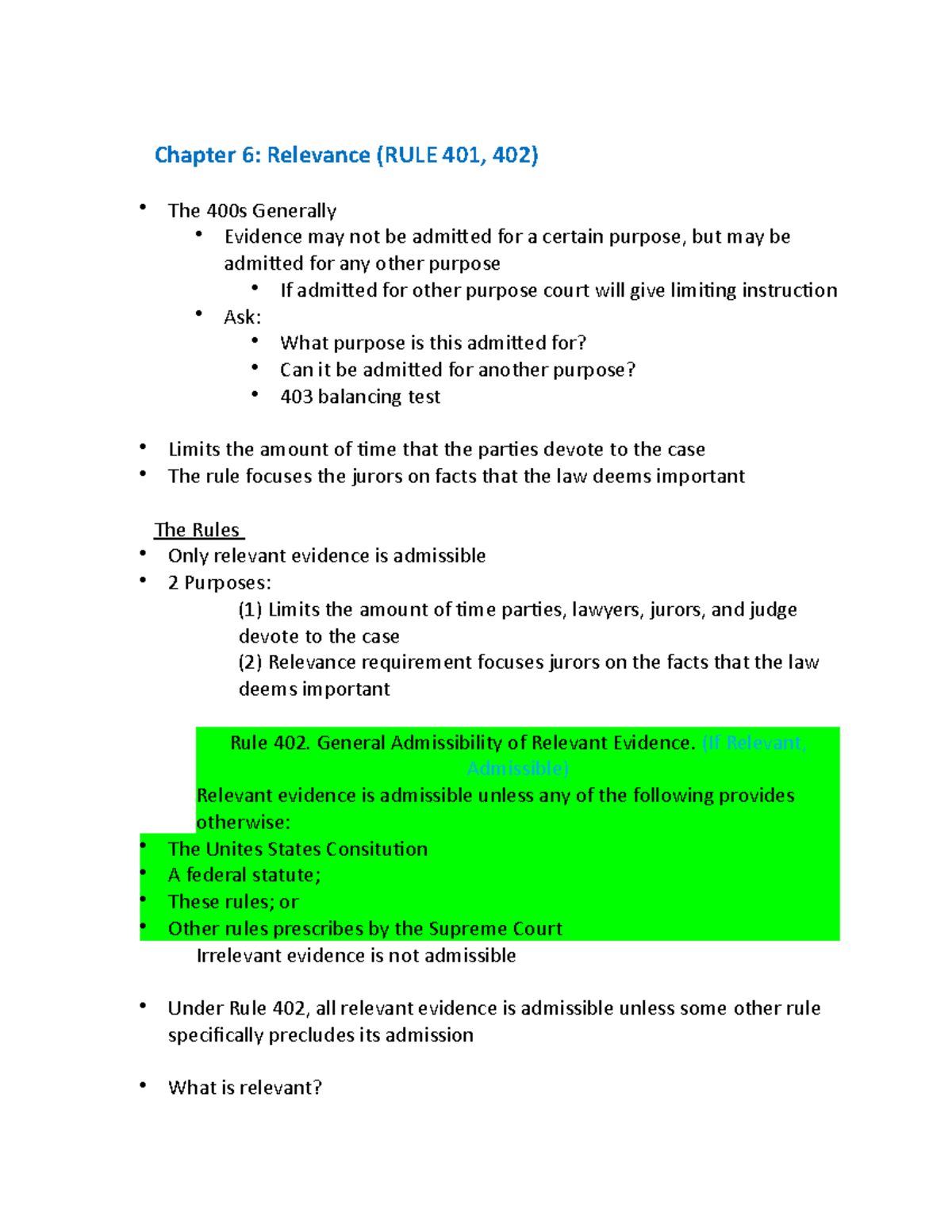 Rules on Relevance - Chapter 6: Relevance (RULE 401, 402) The 400s ...