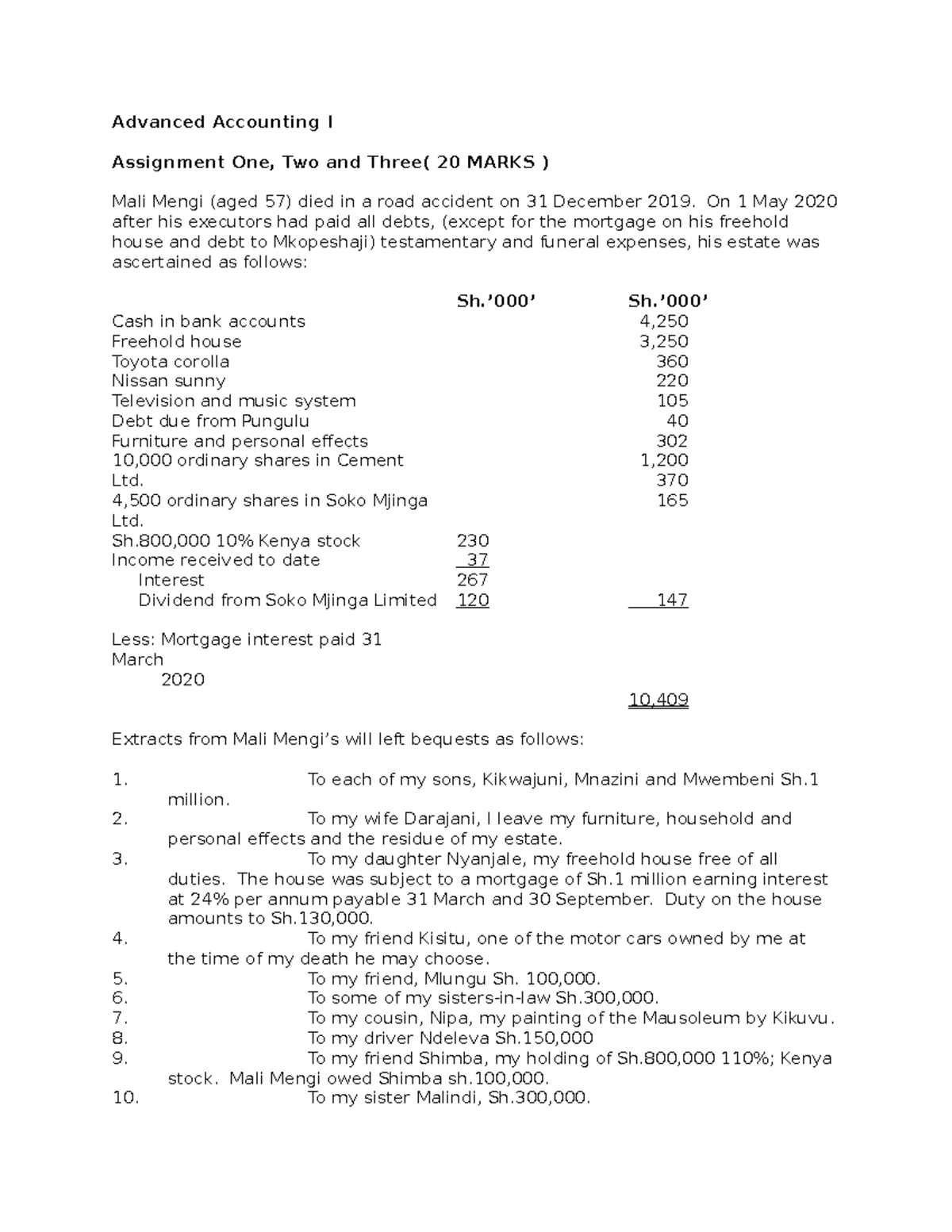 Adv Acct I task - Advanced accounting illustration questions - Advanced ...