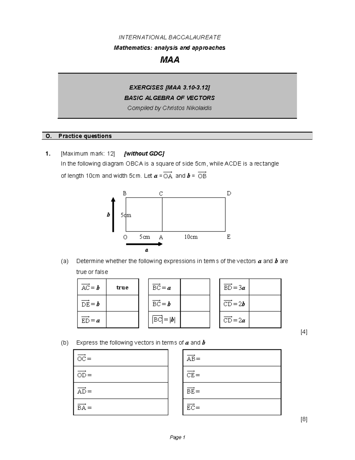 [MAA 3.10-3.12] Basic Algebra OF Vectors - INTERNATIONAL BACCALAUREATE ...