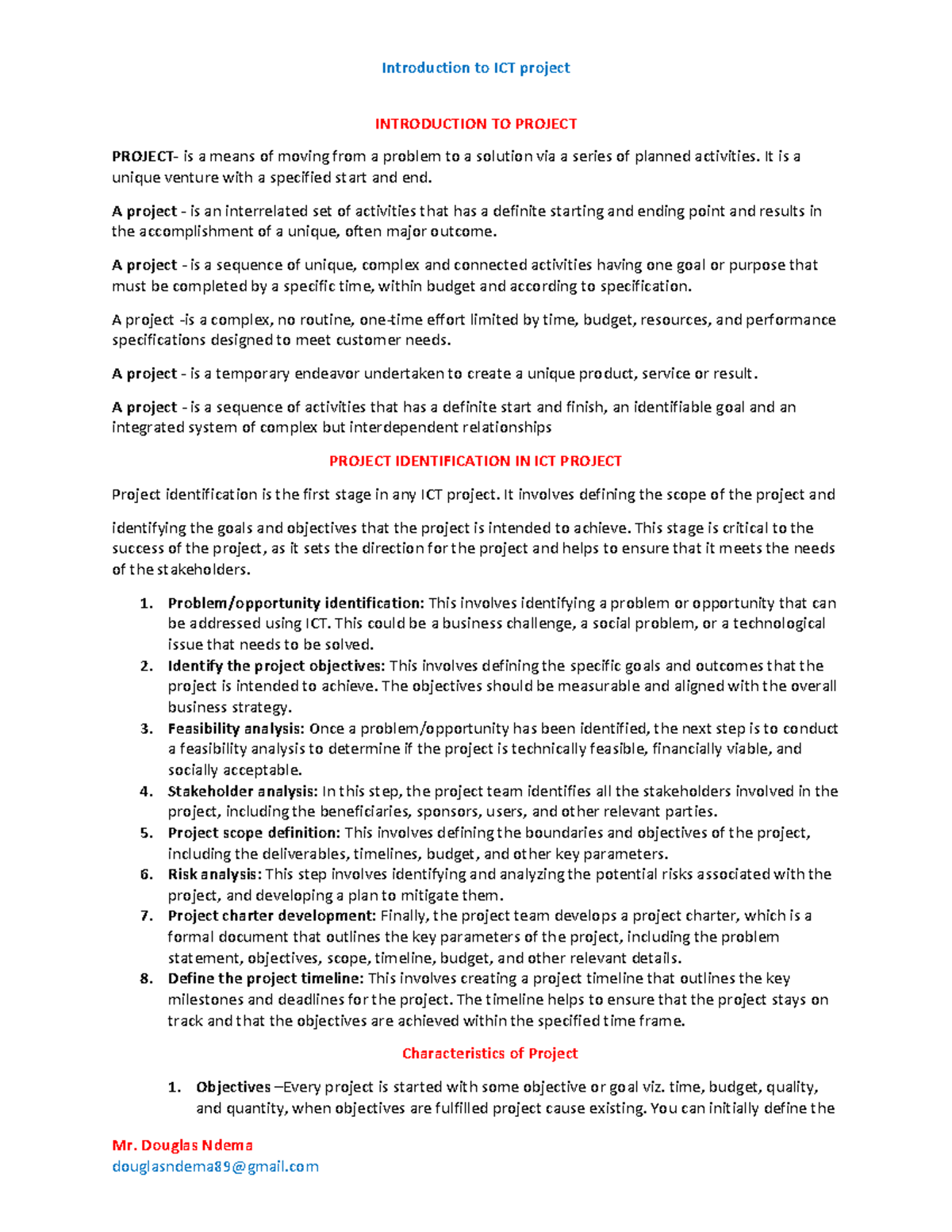 ICT Project 1 Notes - Projwct 1 in ICT basics - Mr. Douglas Ndema ...