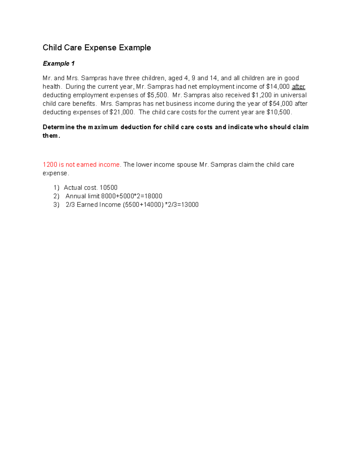 Child Care Expense Example - Child Care Expense Example Example 1 Mr ...