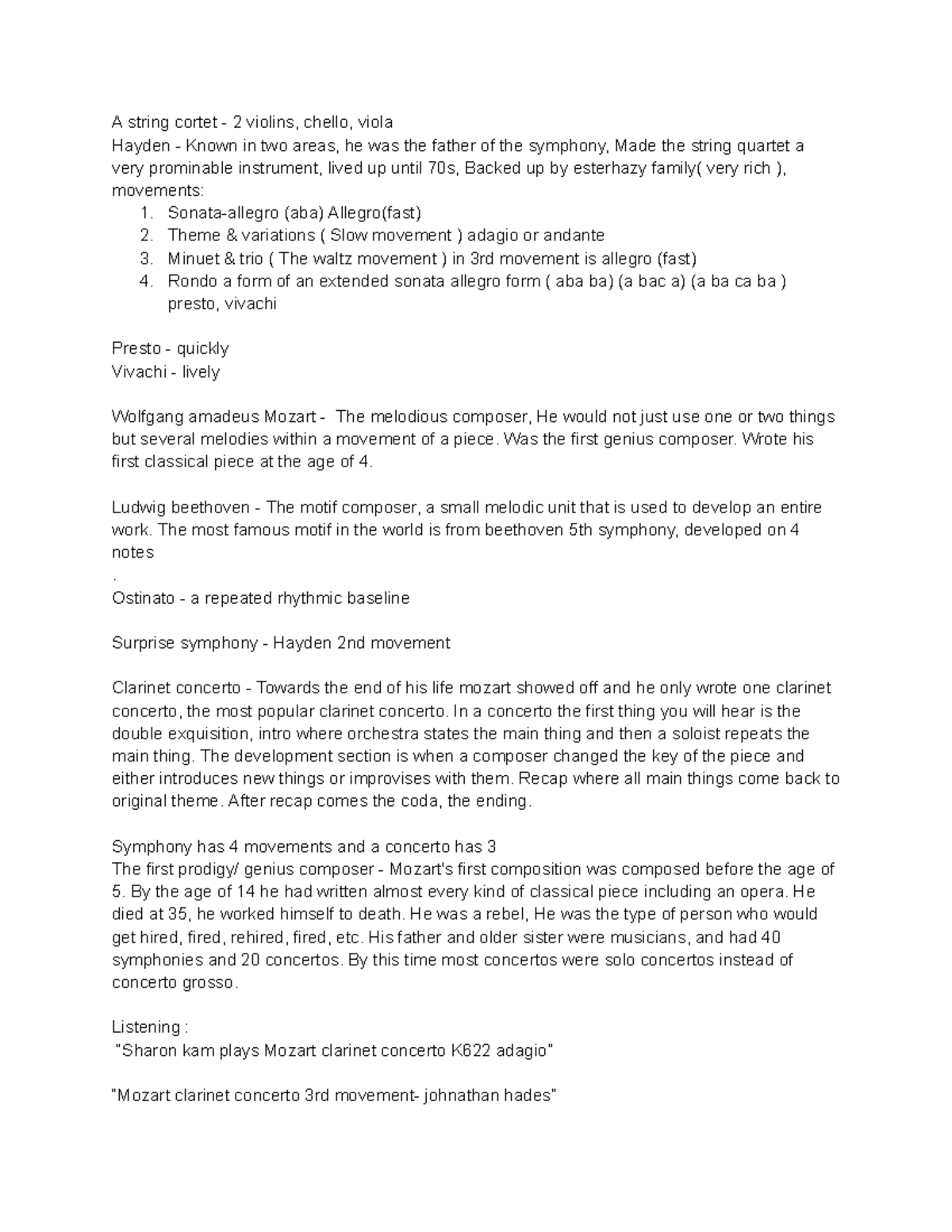 Musicapp notes #2 - A string cortet - 2 violins, chello, viola Hayden ...