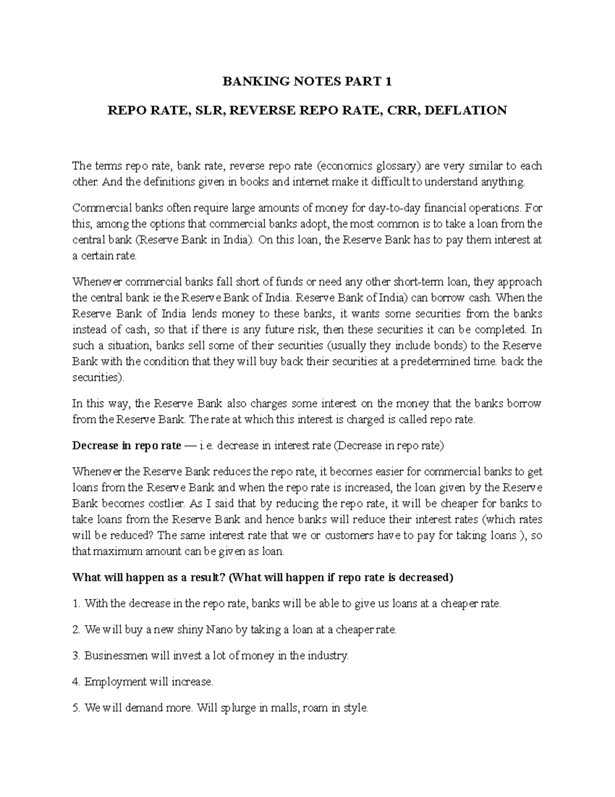 Banking Notes PART 1 - BANKING NOTES PART 1 REPO RATE, SLR, REVERSE ...