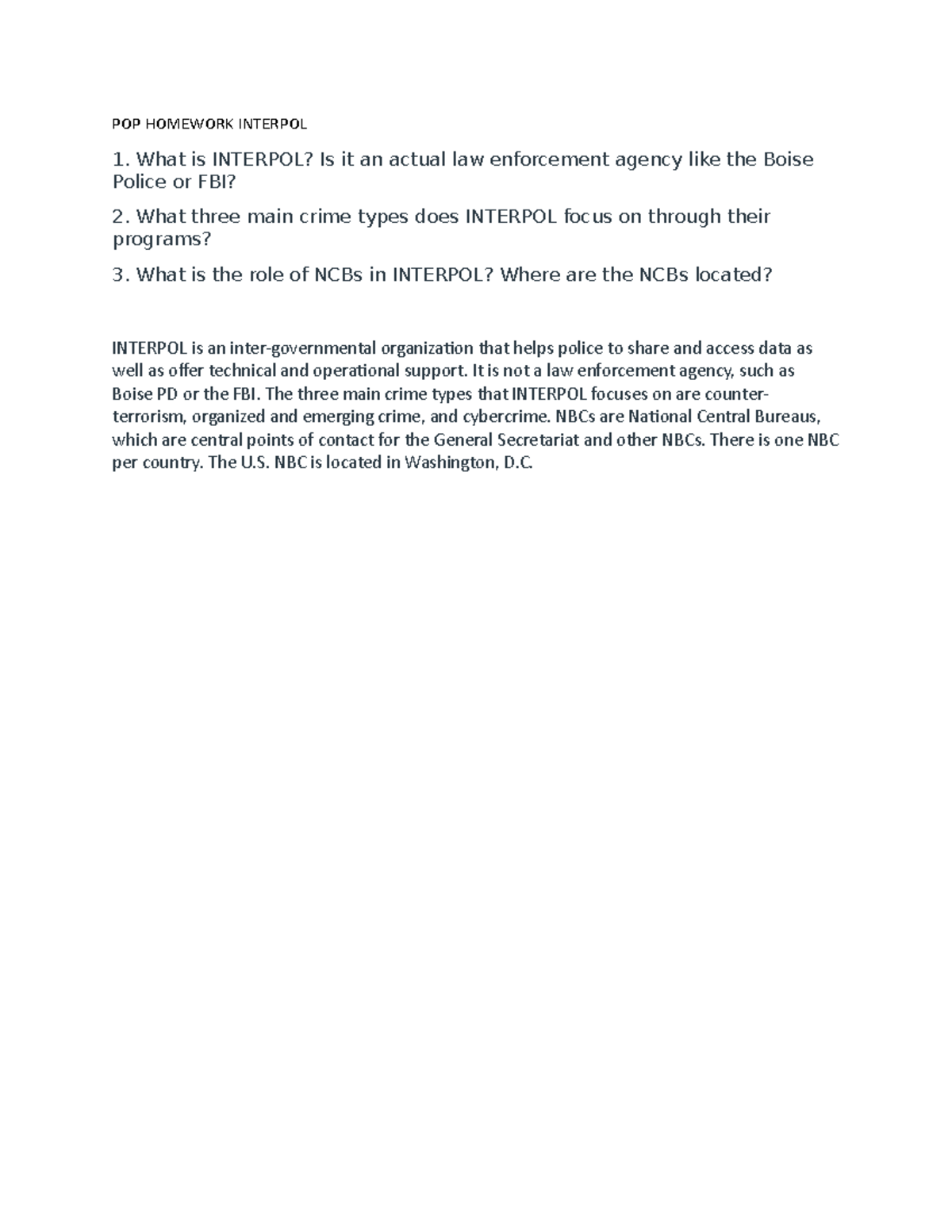 CJ 427 Pop Homework Interpol - POP HOMEWORK INTERPOL What is INTERPOL ...