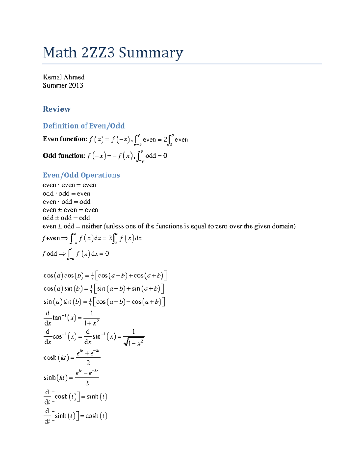 Math 2ZZ3 Full Course Summary - Math 2ZZ3 Summary Kemal Ahmed Summer 2013 Review Definition of ...