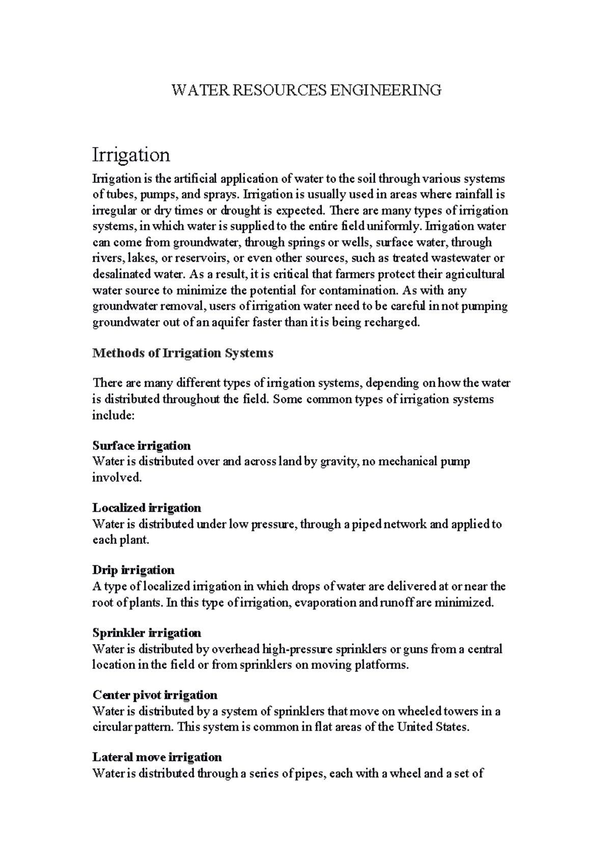 Irrigation and methods - WATER RESOURCES ENGINEERING Irrigation ...