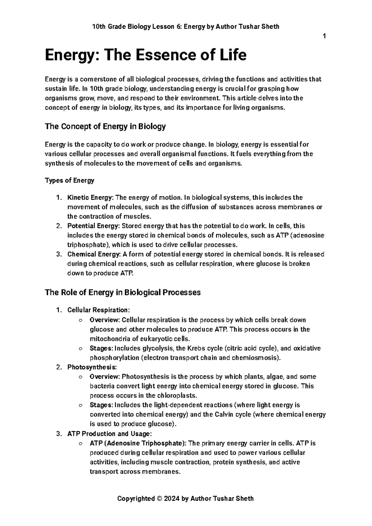 10th Grade Science Biology Lesson 6 Energy - 10th Grade Biology Lesson ...