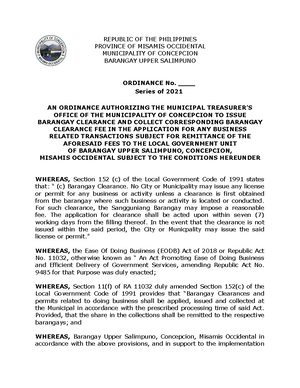 Sample Barangay Ordinance Number 22 Building Clearance - Republic of ...
